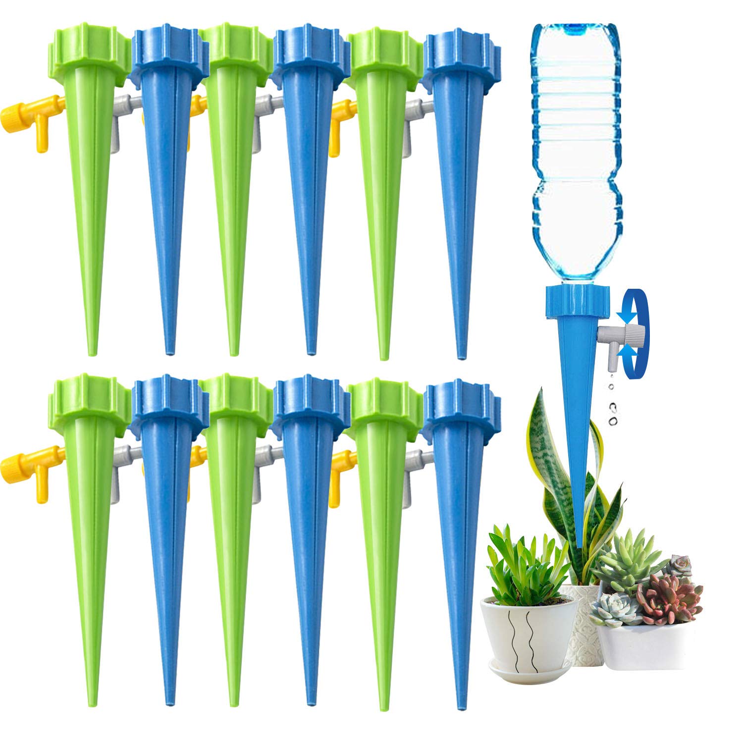 Self Watering Spikes, Slow Release Control Valve Switch Automatic Irrigation Watering Drip System, Adjustable Water Volume Drip System for Vacation and Outdoor Plant Watering-12Pack(6 green&6 blue)