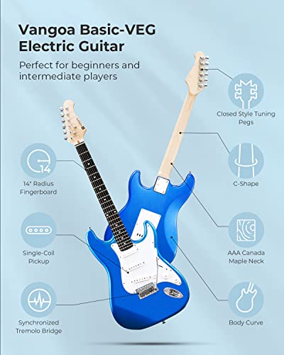 Electric Guitar 39 Inch Full Size Electric Guitar Beginner Starter Kit Bundle with Folding 10W Amp for Adults Teens,Metallic Blue, by Vangoa