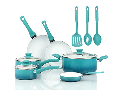 Ceramic Nonstick 12 Piece Cookware Set,Teal Ombre Pots and pans set Kitchen cookware sets Cast iron pan Cookware sets Pots and pans Nonstick pan Cast iron skillets,Blue,4378695
