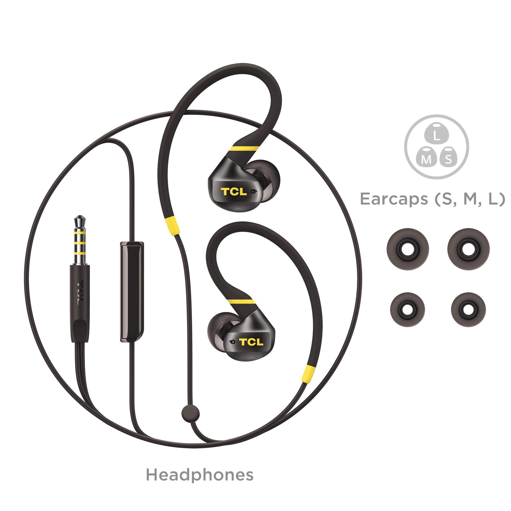 TCL Actv100 in-Ear Earbuds Active Noise Isolating Wired Secure Fit Sweatproof Headphones with Built-in Mic – Black