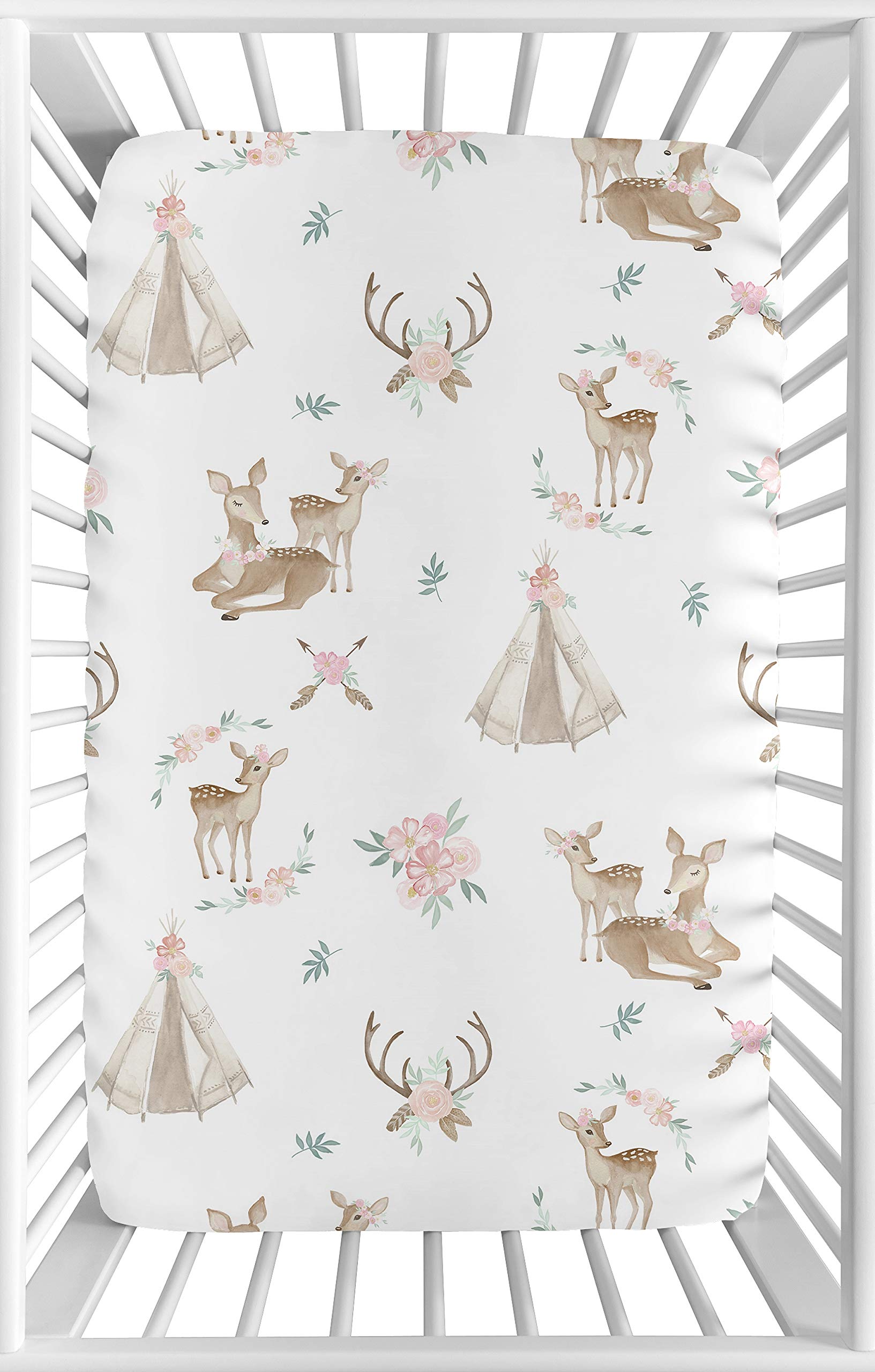Sweet Jojo Designs Blush Pink, Mint Green and White Boho Baby Girl Fitted Mini Portable Crib Sheet for Woodland Deer Floral Collection - for Mini Crib or Pack and Play ONLY