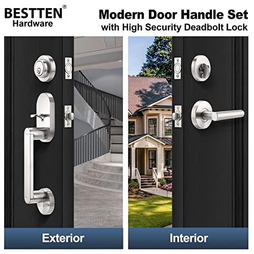 BESTTEN Heavy Duty Front Door Handle Set, Modern Handleset with Single Cylinder Keyed Entry Deadbolt Lock & Door Lever, Reversible for Exterior Doors, Satin Nickel