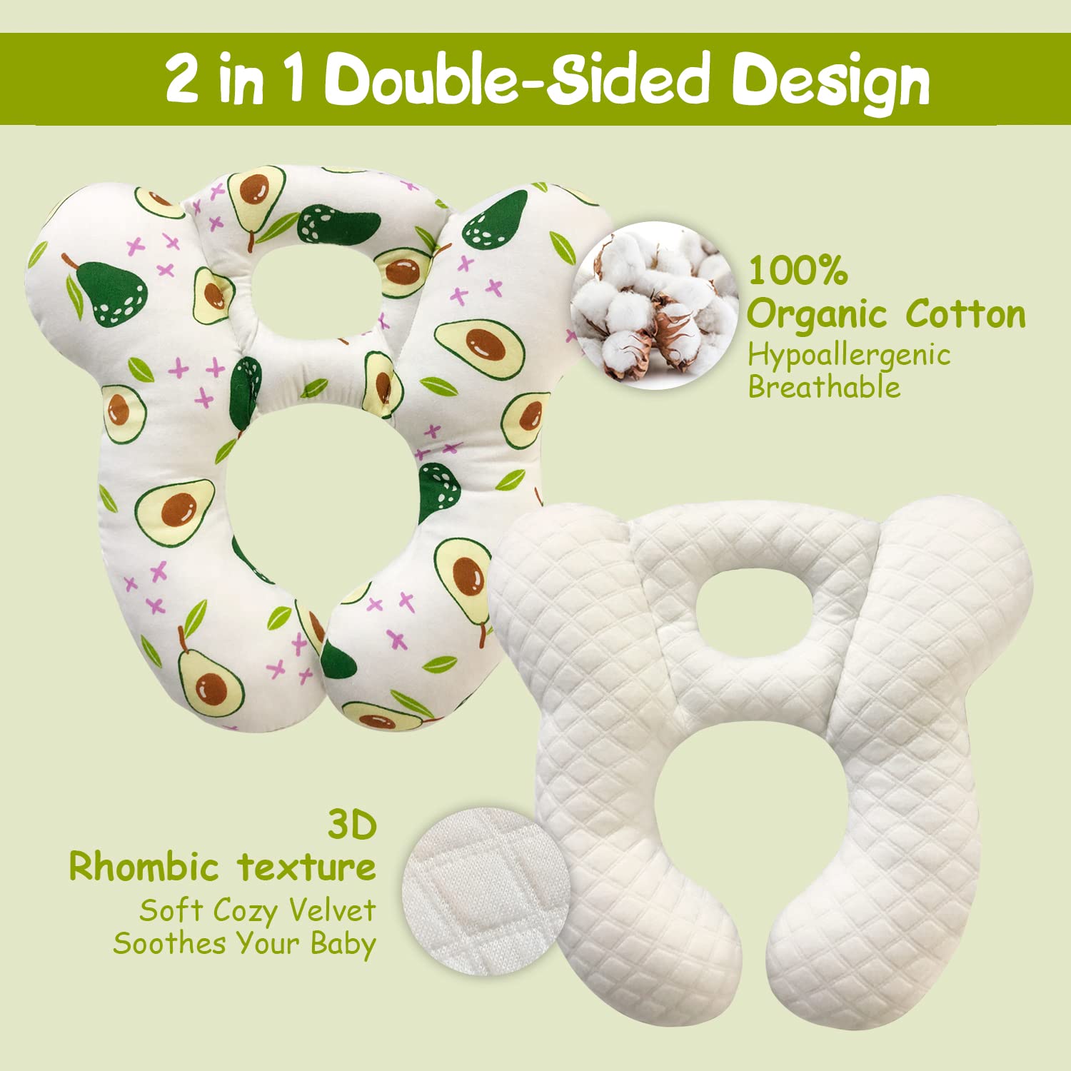 Baby Travel Pillow, Infant Head and Neck Support Cushion for Car Seat, Pushchair and Stroller, Suitable for Newborn (White Avocado)