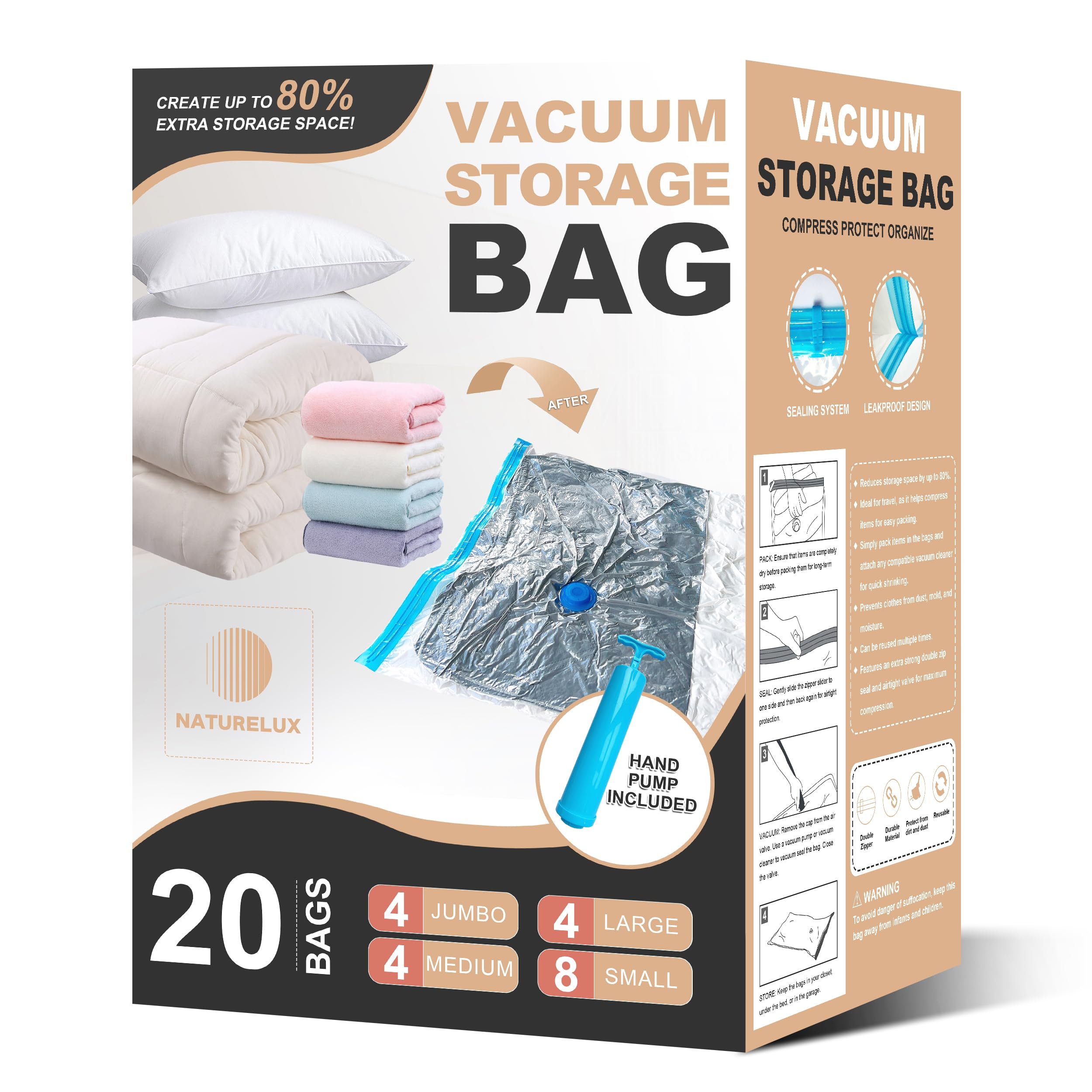 NATURELUX Vacuum Storage Bags, 20-Pack Space Saver, Zipper Vacuum Sealed Bags for Clothing, Clothes, Comforters and Blankets,Hand Pump Included (4 Jumbo/4 Large/4 Medium/8 Small)