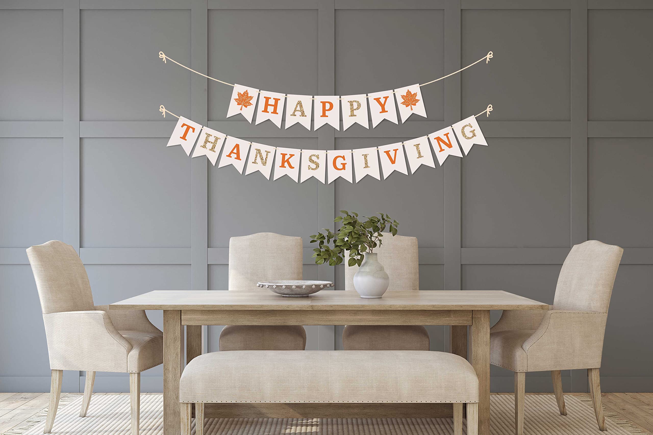 Pre-Strung Happy Thanksgiving Banner - NO DIY - Thanksgiving Banner with Gold Glitter Details - Pre-Strung Garland on 8 ft Strand - Fall Thanksgiving Party Decorations & Decor. Did we Mention no DIY?