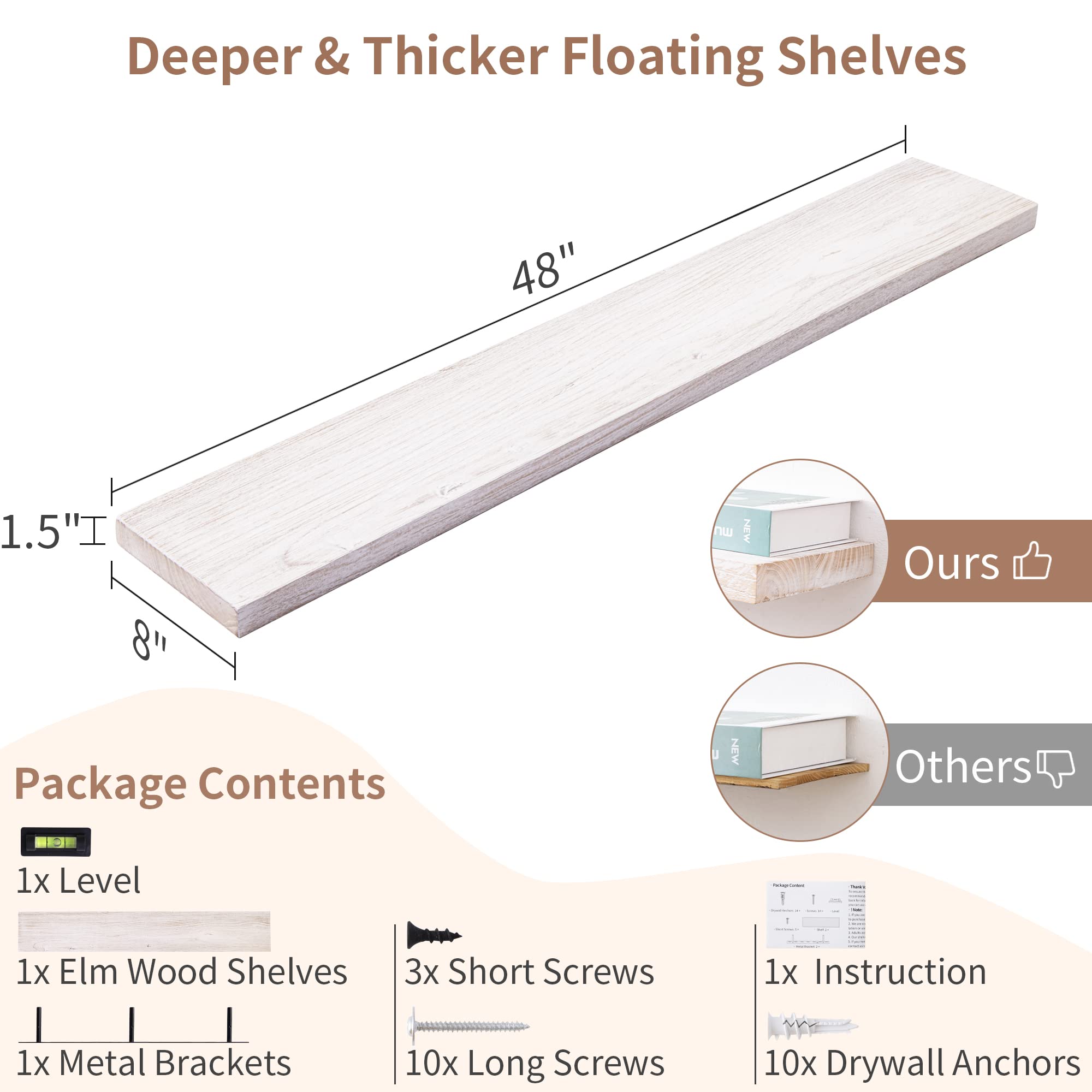 Axeman Floating Shelves for Wall, Rustic Elm Wood 48''W x 8" D Wall Shelf with Invisible Bracket, Large Long Wall Mounted Storage Shelves for Living Room, Bedroom, Kitchen, Bathroom Decor, White Wash