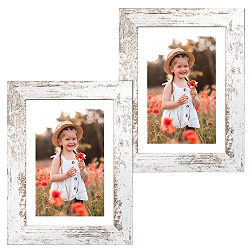 Capcillin 5x7 Picture Frame Wood Patten Distressed White Set of 2, Each Frame with Mat,Display 5x7 Picture Without mat or 4x6 Photos with Mat Wall Decor Table Top(CP001-MD5x7RW)