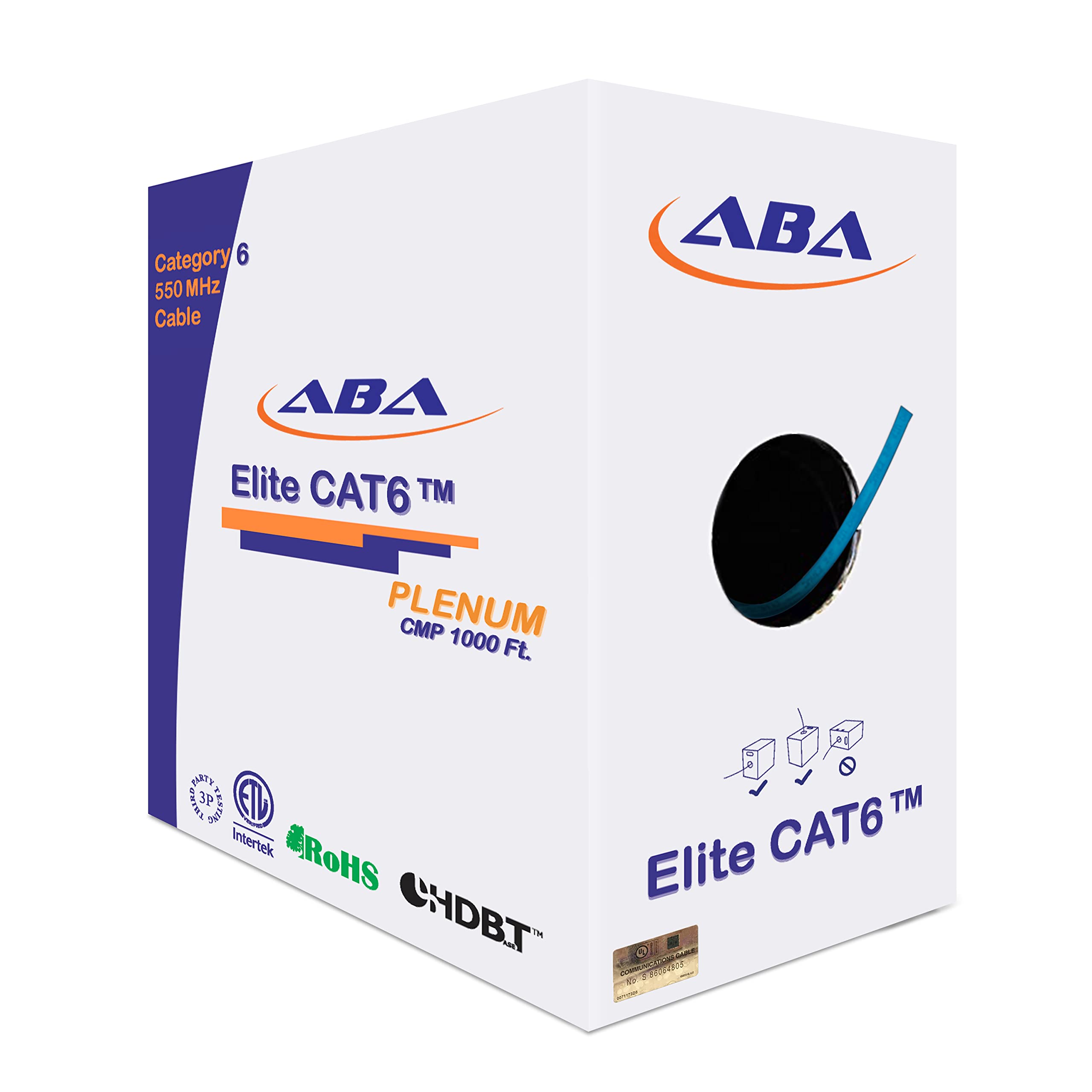 Infinity Cable Cat6 Plenum 550MHz CMP 23AWG UTP, 1000 Feet, Solid, 100% Pure Copper, UL Certified, Easy to Pull (Reelex II) Box, Blue