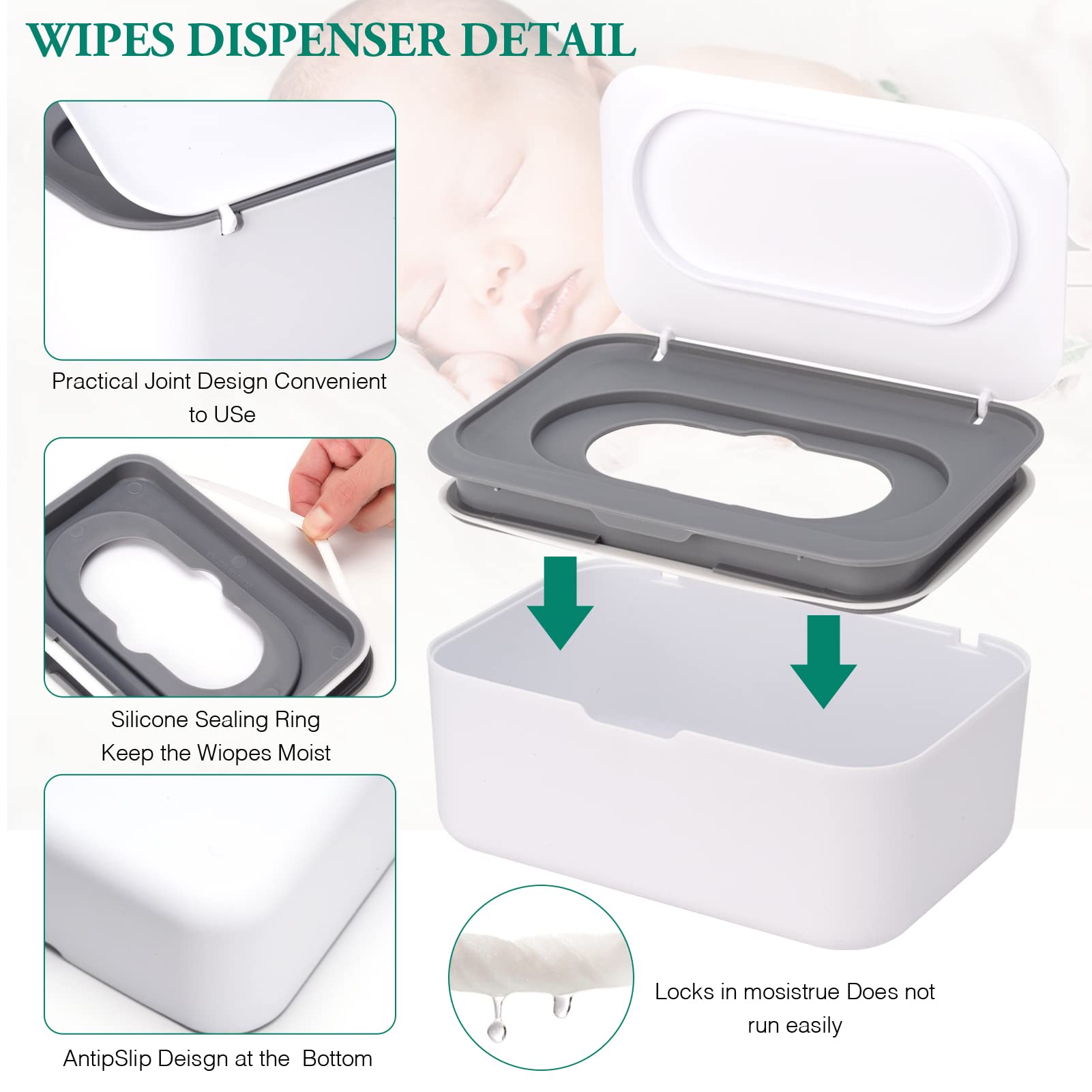 Baby Wipes Dispenser,Baby Wipes Case Holder Keeps Diaper Wipes Fresh Non-Slip Wipe Container Three-Layer Seal Design