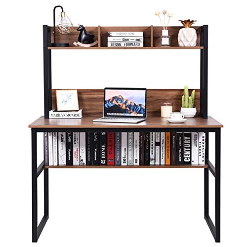 Tangkula Computer Desk with Hutch, Home Office Desk Study Writing Desk with Storage Bookshelves, Space Saving Computer Workstation for Home Office (Light Walnut)