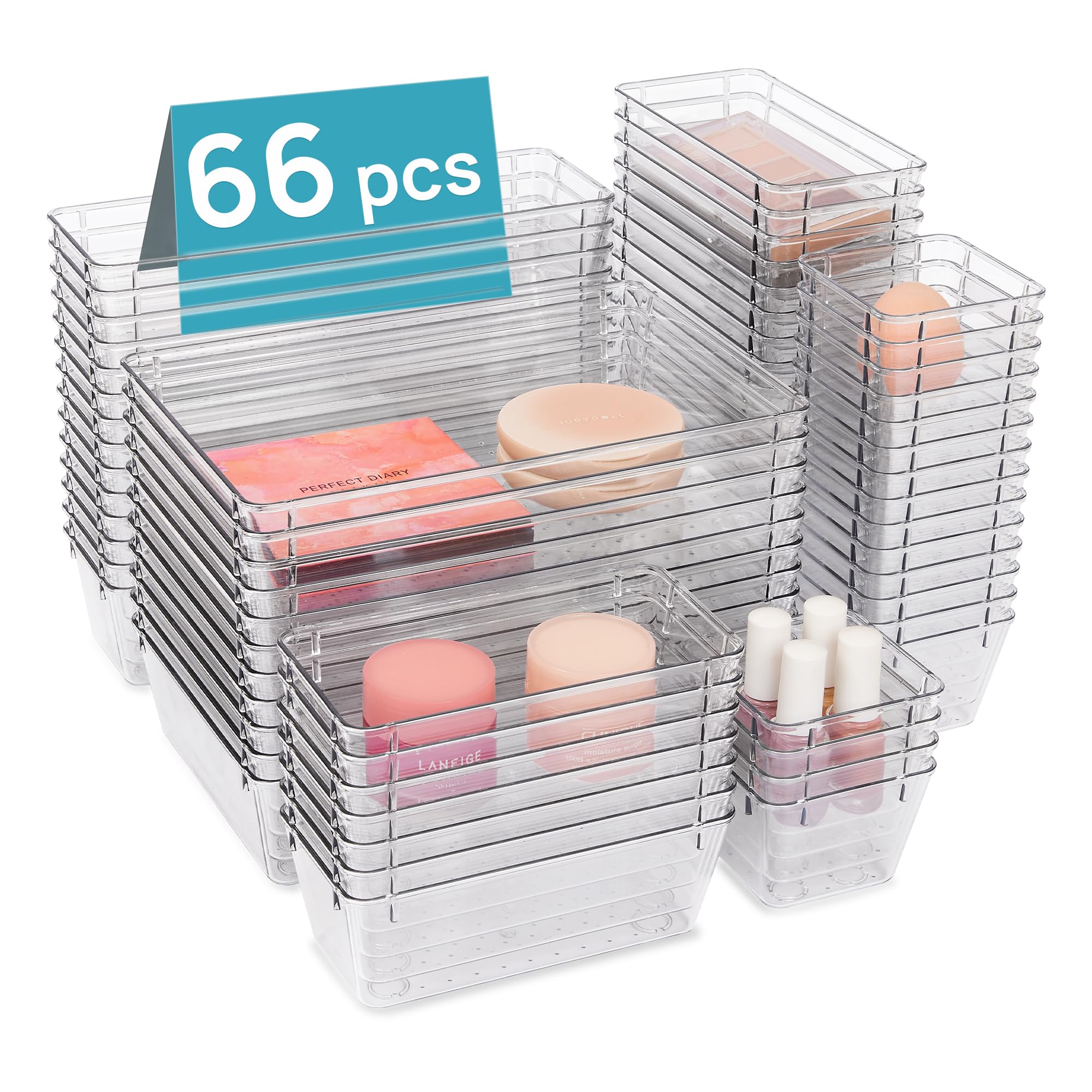 Vtopmart 66 PCS Clear Plastic Drawer Organizers Bins, 4-Size Versatile Bathroom and Vanity Organizer Trays, Non-Slip Storage Containers for Makeup, Jewelries, Bedroom,Kitchen Utensils and Office