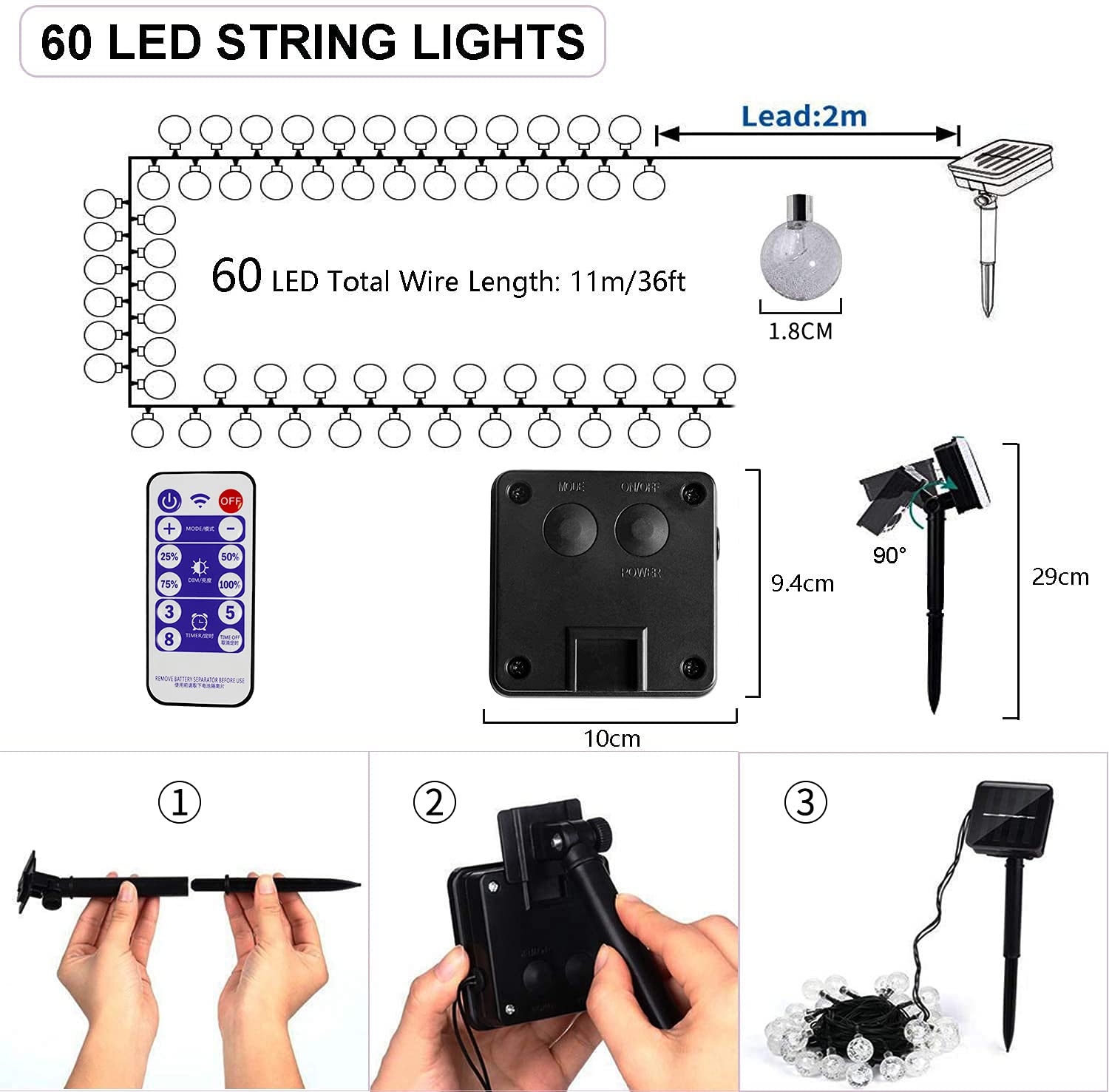 Solar String Lights Outdoor YEEMATOP 60 LED 36 Feet Solar Fairy Lights with 8 Lighting Modes,Indoor String Lights Waterproof Crystal Globe Lights for Garden,Party,Wedding,Christmas Decor (Warm White)