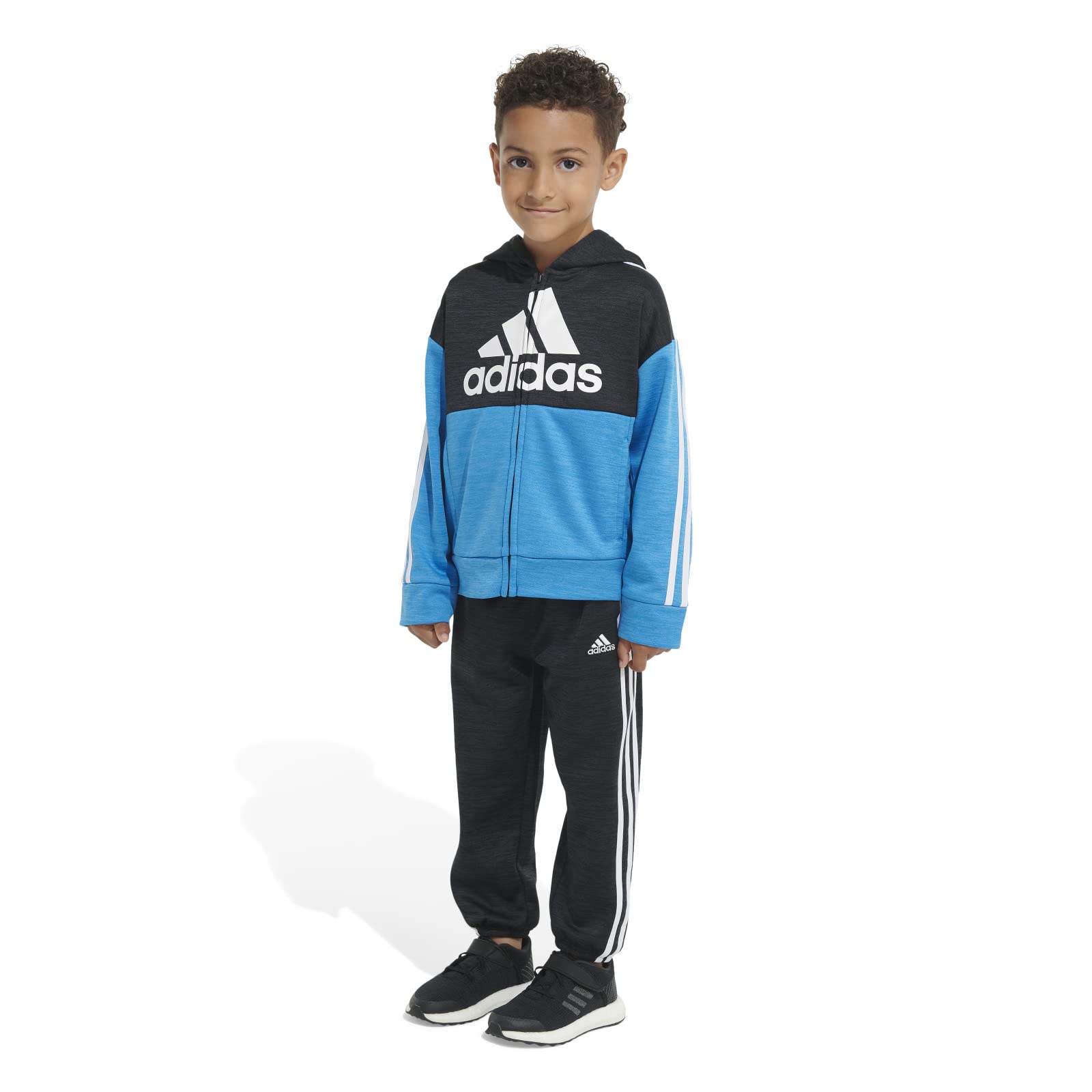 adidas Boys' Long Sleeve Color Block Mélange Fleece Jacket Set, Black Heather with Blue, 7