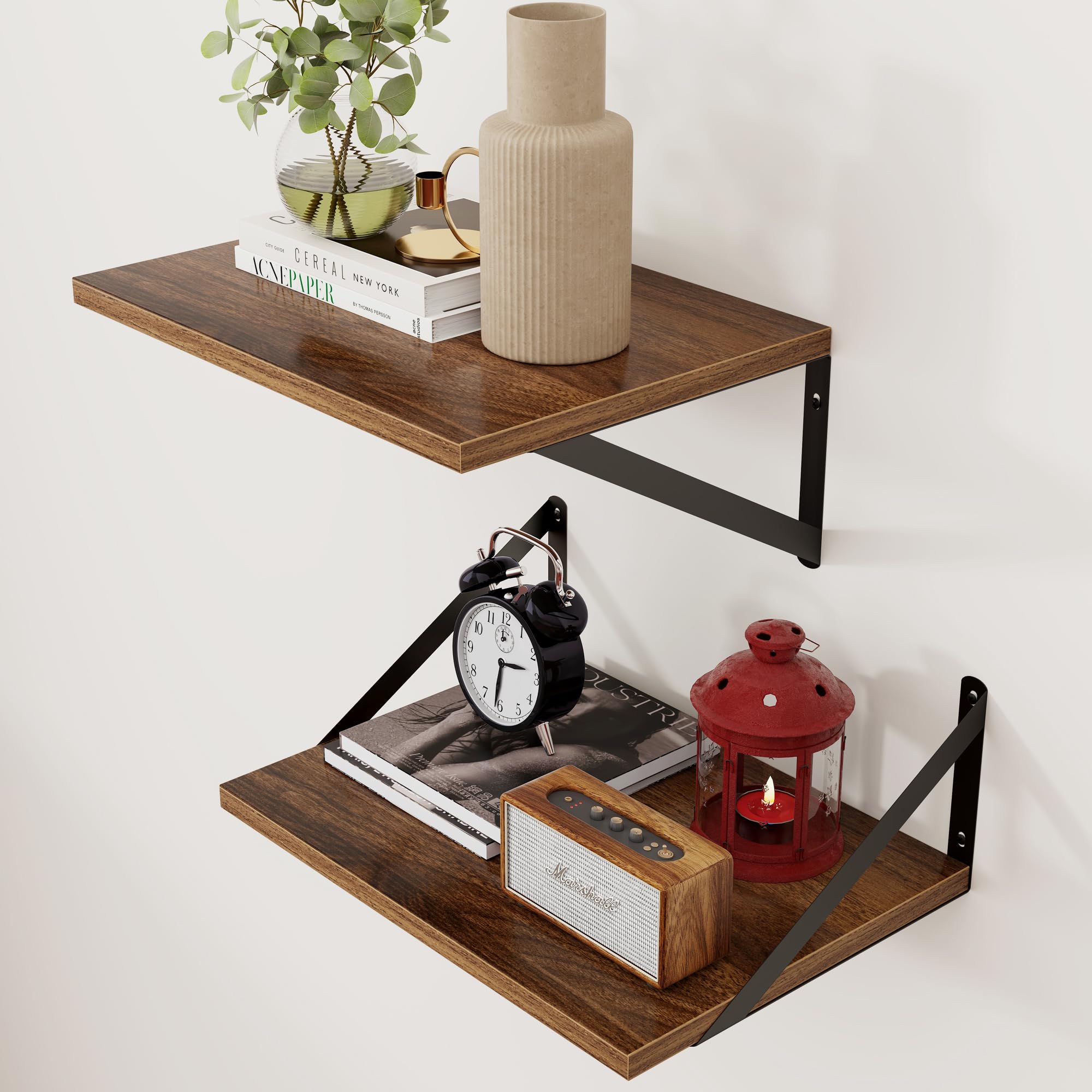 Axeman Walnut Floating Shelves 12 Inch Deep, Rustic Wall Mounted Floating Shelves Set of 2, 16W x 12D Floating Wall Shelves for Decor & Storage, Walnut Shelves Living Room Bedroom Bathroom, Walnut