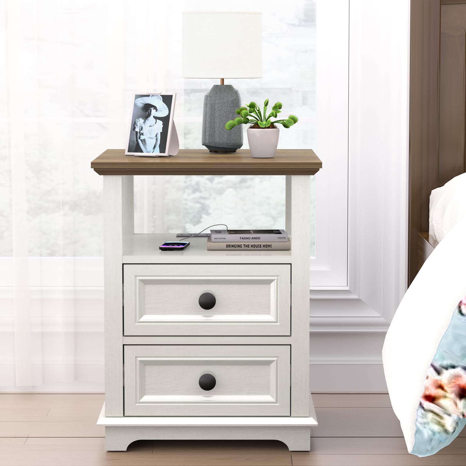 REDAYFUR End Table with Fast USB C Charging Station, 24β Tall Sofa Side Table with 2 Drawers, Large Storage Rustic Wood Square Storage Cabinet for Living Room,Bedroom,Office, White