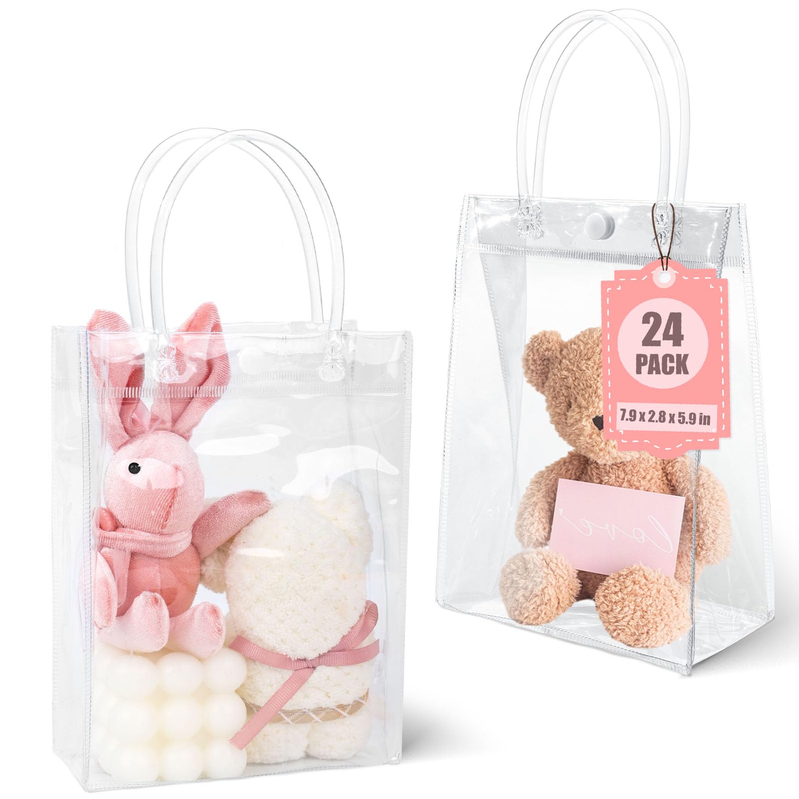 VGOODALL 24PCS Clear Gift Bags with Handle, Plastic Bags Gift Bags Thickened PVC Goodie Bags for Wedding Birthday Baby Shower Party Favor(5.9"x2.8"x7.9")