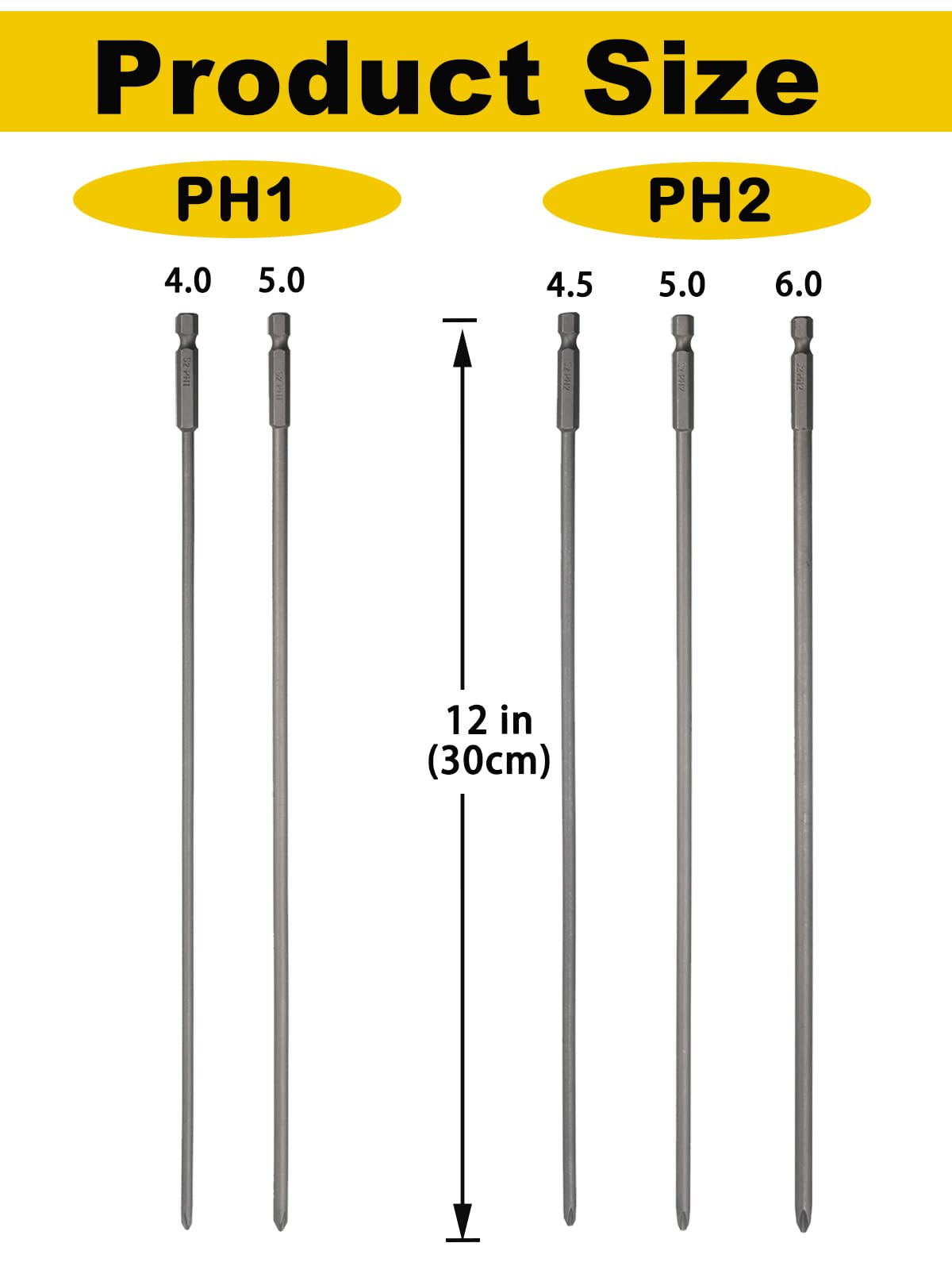 Rocaris 5 Pack Extra Long Phillips Screwdriver Bit Sets, 1/4 Inch Hex Shank Magnetic Screwdriver Bits Cross Head S2, 12 Inch