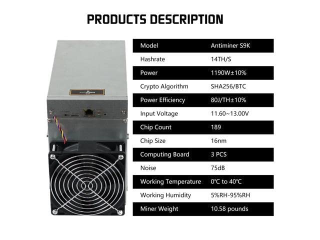 Antminer S9K 14TH/s Bitcoin Miner, 1190W Asic BTC Miner SHA-256 Algorithm Professional Bitcoin Mining Machine