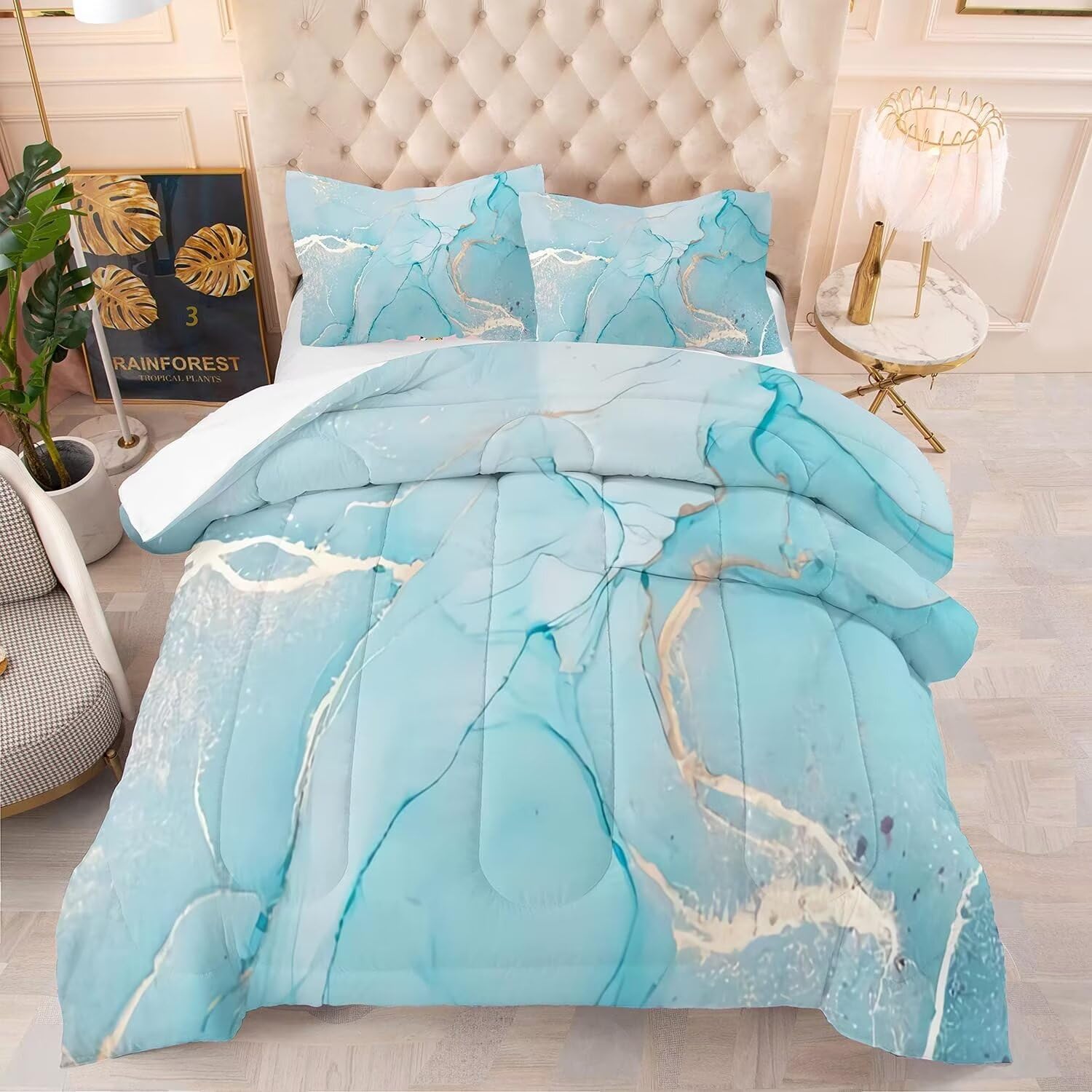 EDUMEYA Aqua Blue Marble Bedding Set Twin Size for Girls Teens Adult Gold Glitter Abstract Marbling Comforter Quilt Duvet 1 Comforter 1Pillowcase