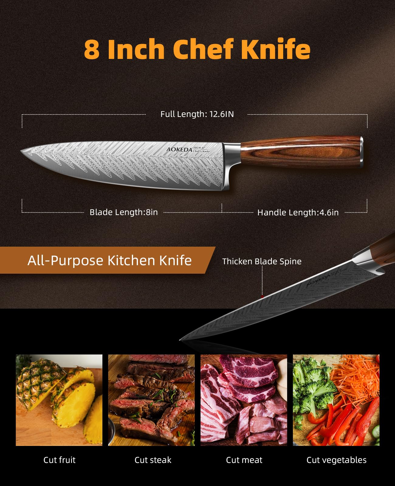 AOKEDA Chef Knife, 8 Inch Professional Kitchen Knife Made of German High Carbon Stainless Steel with Ergonomic Handle