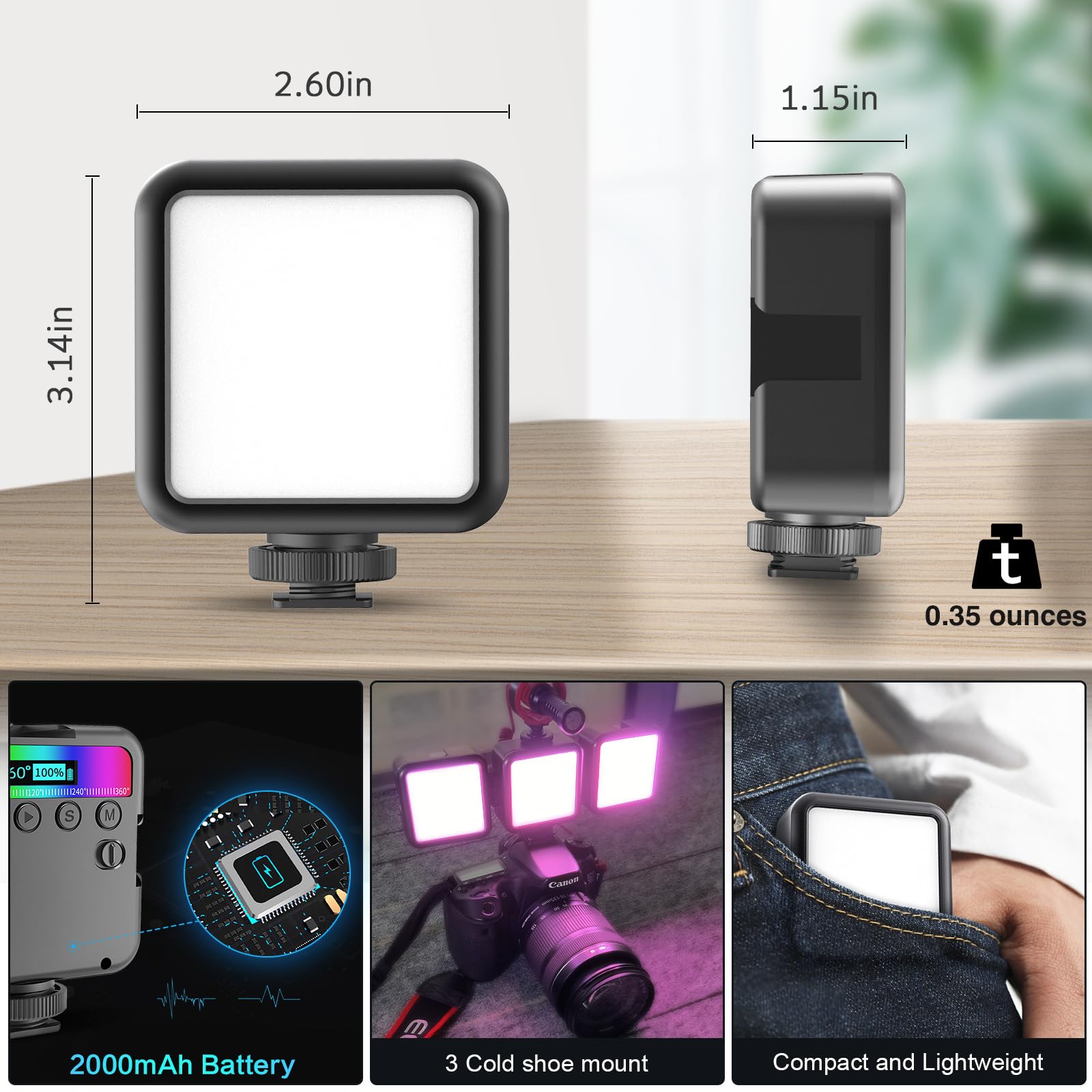 Altson Magnetic RGB Led Video Light LED Camera Light 360° Full Color Portable Photography Lighting Whit 3 Cold Shoe,,2000mAh Rechargeable CRI 96+/2500-9900K/13 Scene (Black)