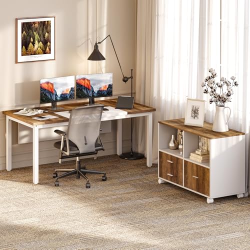 LITTLE TREE 63-inch L-Shaped Executive Computer Desk and File Cabinet, Office Desk with Drawers Filing Cabinet,Credenza Desk Set for Home Office