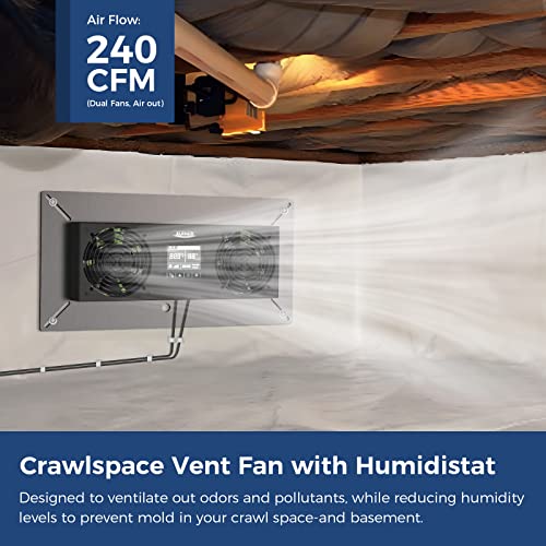 ALORAIR Crawlspace Ventilation Fan, Crawlspace Fan vent with Temperature Humidity Controller, Timing Cycle, Speed Control, for garage, shed, crawl space, basements, 240CFM (Air-out)