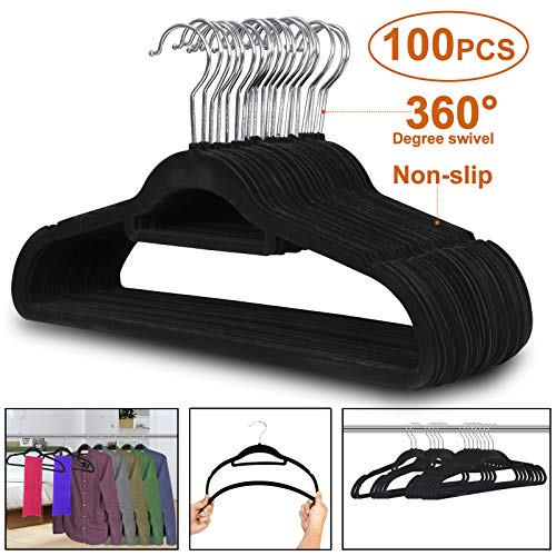 ZenStyle 100 Pack Ultra Thin Velvet Hangers - Non Slip Black Clothes Suit Hangers, 360 Degree Swivel Hook, Velvet Flocked Surface