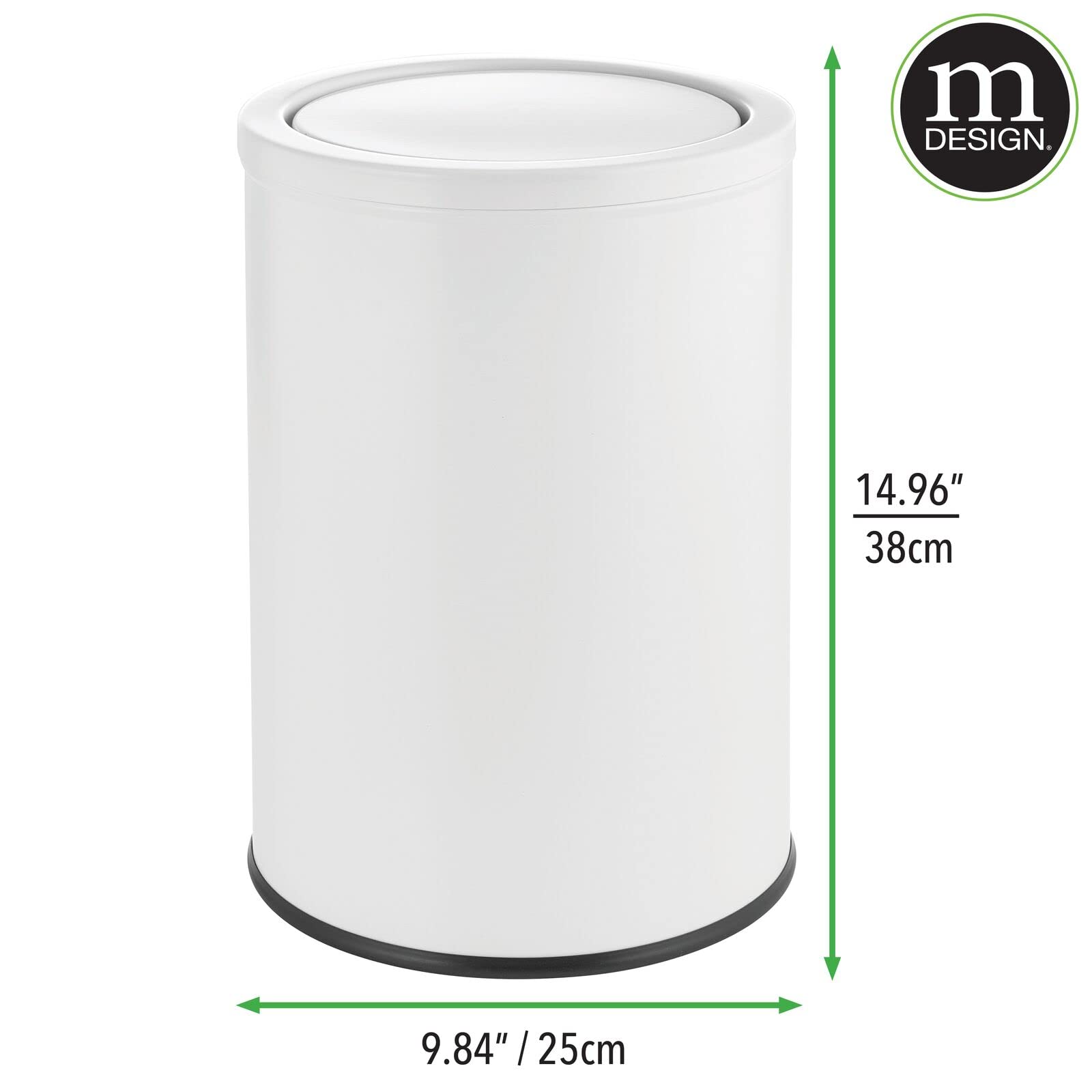 mDesign Small Round Metal 4.8 Gallon Covered Bathroom Garbage Swing Lid Trash Can Waste Basket Bin for Bathroom, Bedroom, Kitchen, Craft Room, Office, Laundry Room, Garage - White