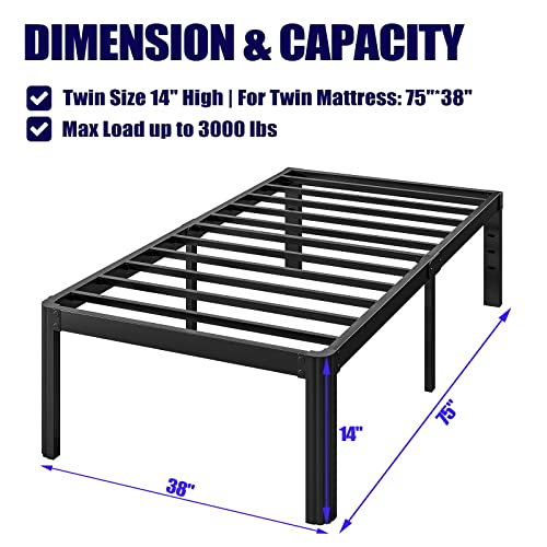 Hunlostten 14in Heavy Duty Twin Bed Frame No Box Spring Needed, Metal Platform Bed Frame Twin with Round Corners, Easy Assembly, Noise Free, Black