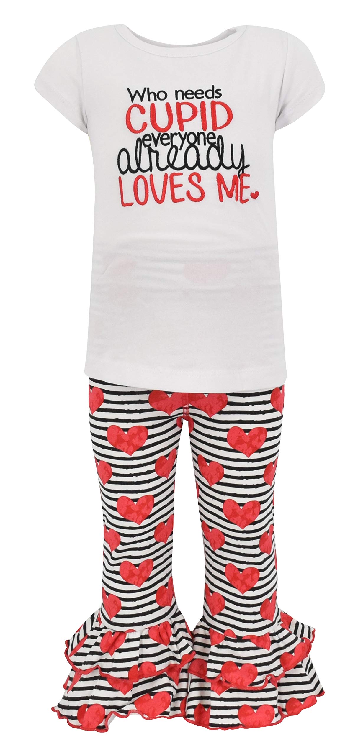 Unique Baby 2 Piece Girls Double Ruffle Leggings and Short Sleeve Shirt Clothes Set Kid and Toddler Girl Valentine's Day Outfit (7 Years, White)