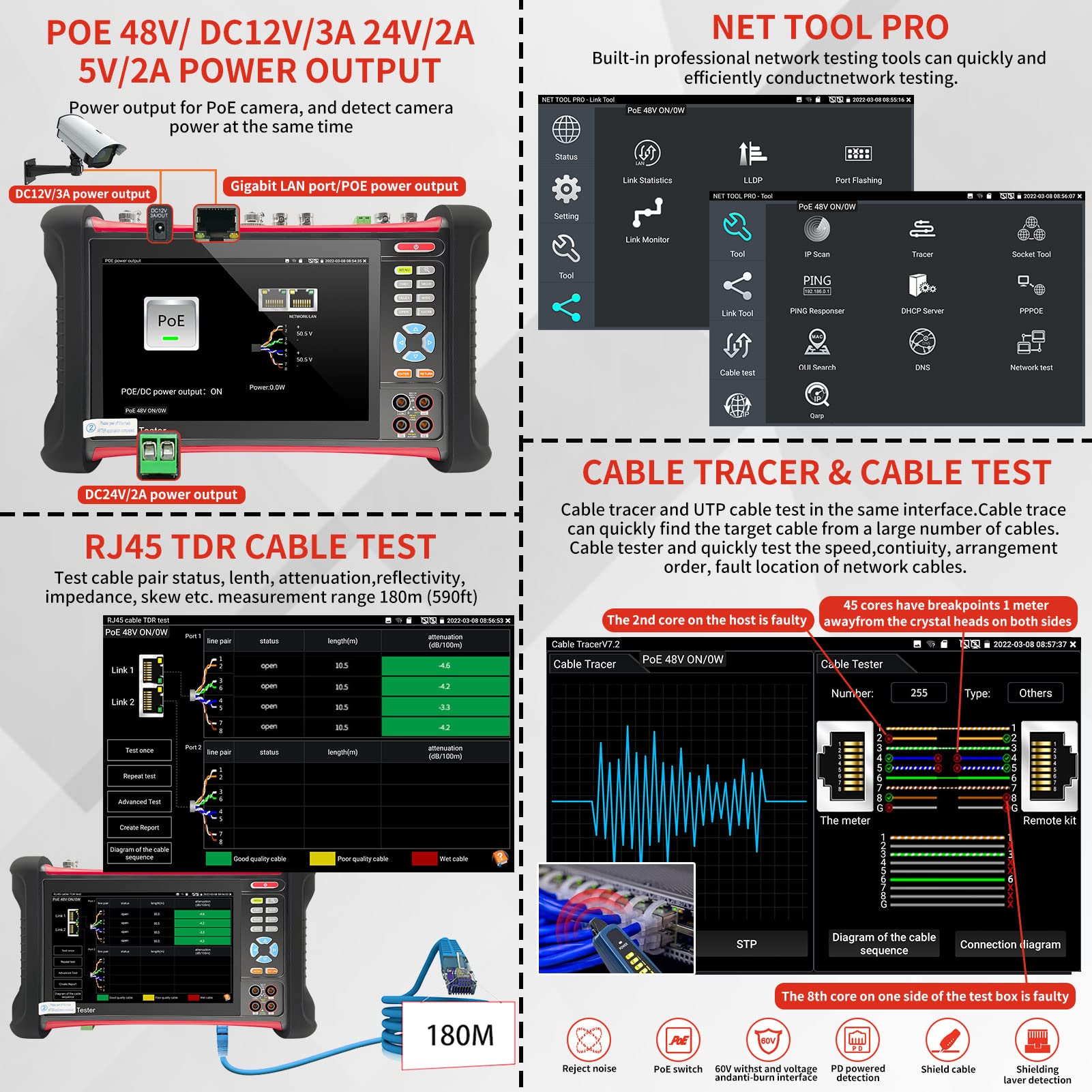 Rsrteng CCTV Tester Upgraded Version 8K IP Camera Tester CCTV Camera Tester with TVI CVI AHD SDI Coaxial Camera Test Networl Tools Cable Tester Support DMM OPM TDR POE HDMI DC24V Dual Network Port