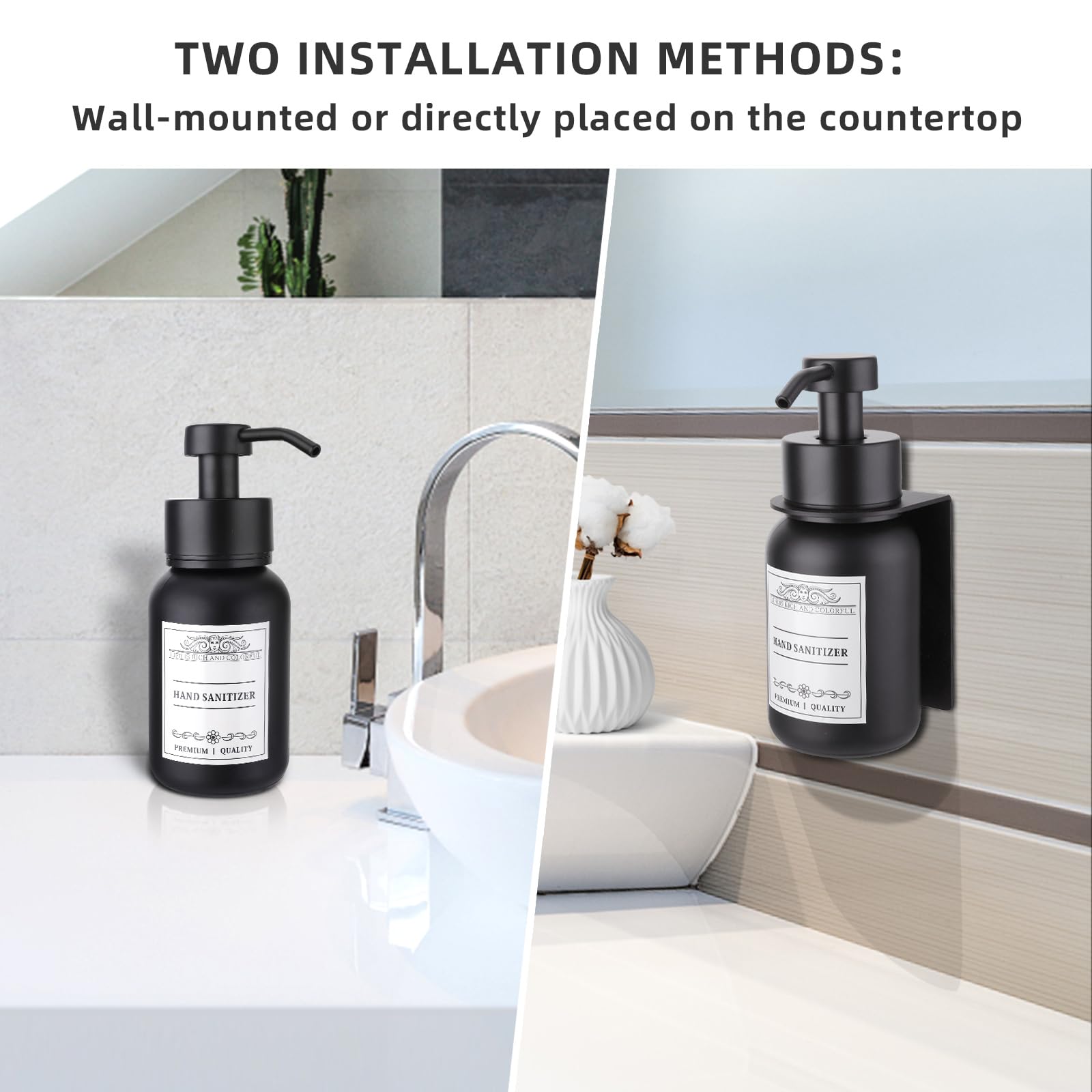 Nobtou Black Soap Dispenser Wall Mount for Bathroom - 8.5 Oz Glass Hand Soap Dispenser with Pump and Drill-Free Wall Mount Holders, Shower Soap Dispenser with Waterproof Labels