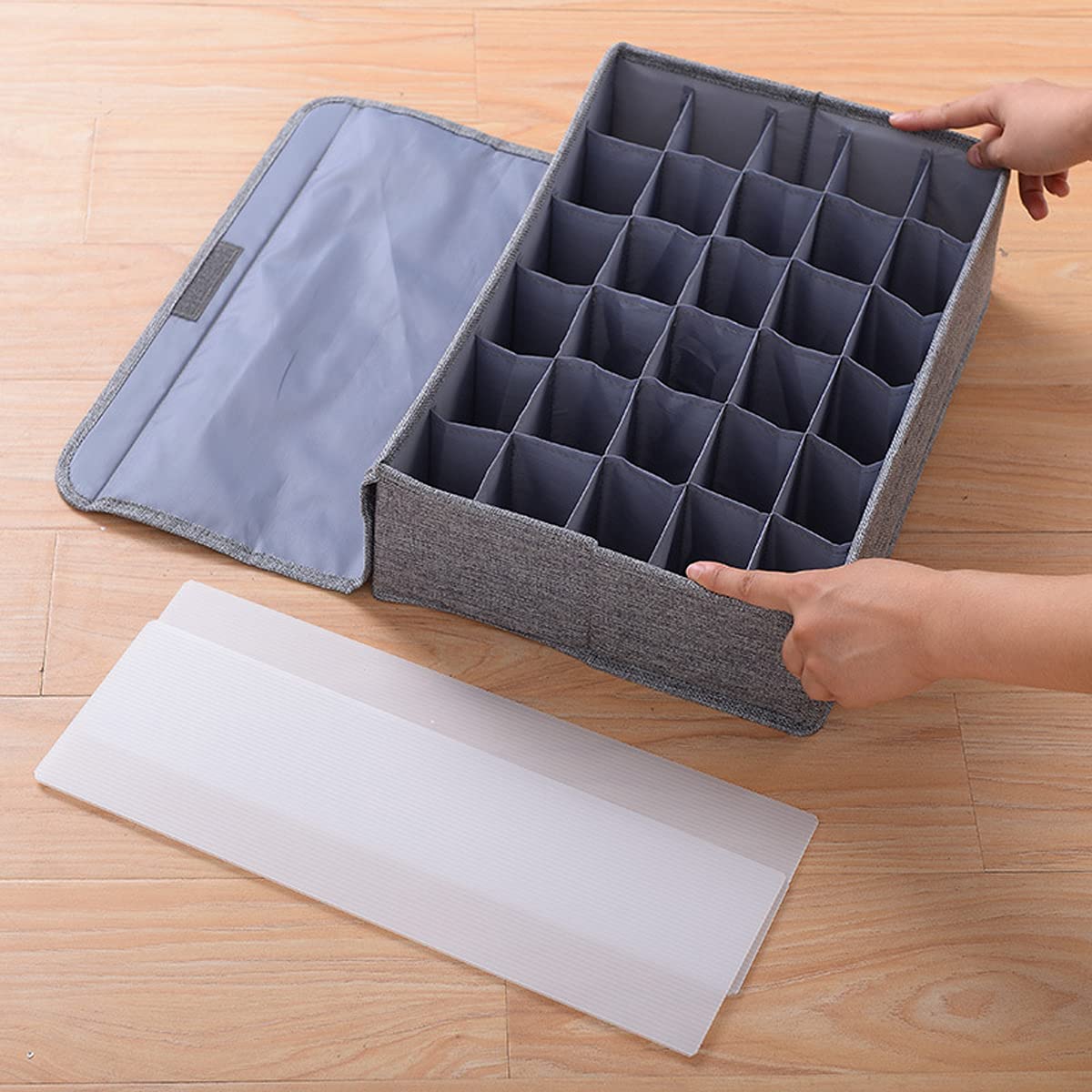 MURRI&MURRDI 2 Packs Sock and Underwear Storage for Closet with Lids,30 Cells Drawer Divider,Linen Cotton Sock Organizer,Foldable Closet Storage Box Bin for Socks, Lingerie, Ties,Scarves (2 Grey)