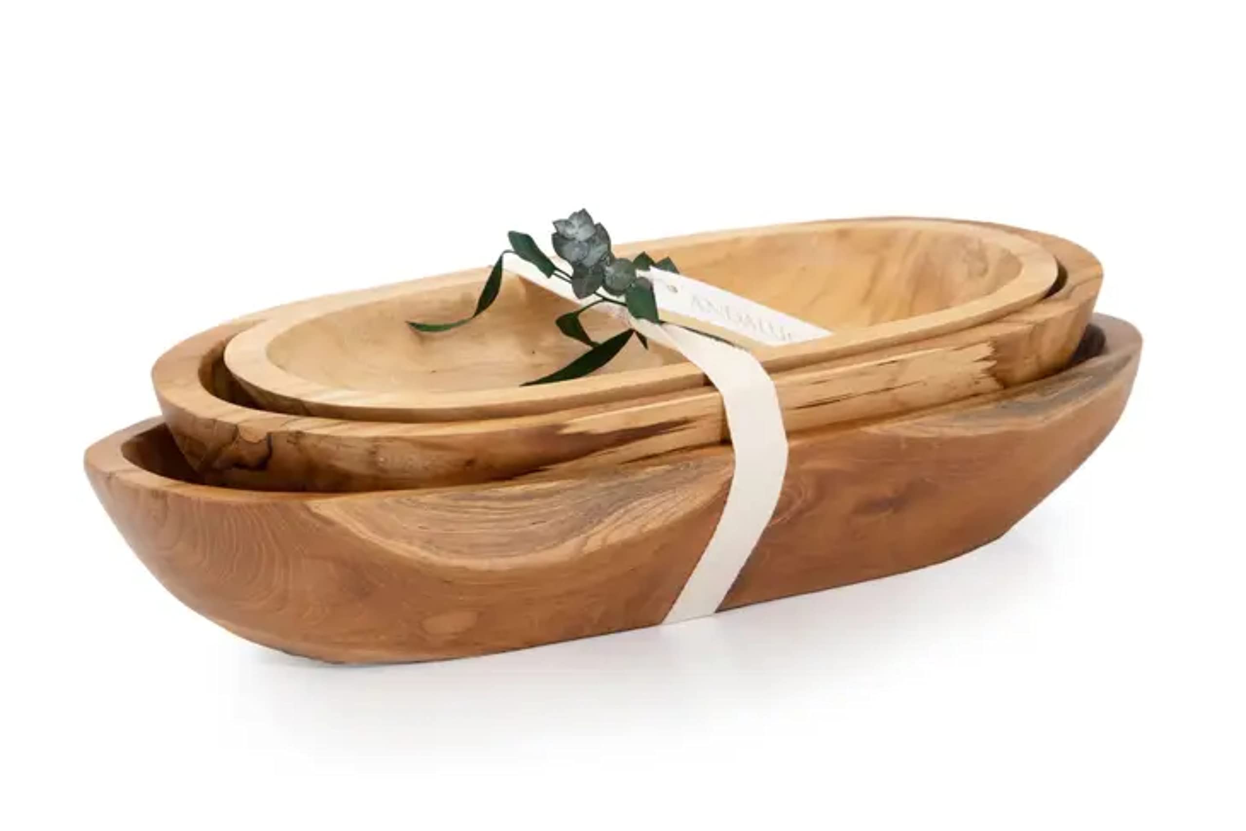 ANDALUCA Teak Wood Decorative Oval Wood Dough Bowls (Set)