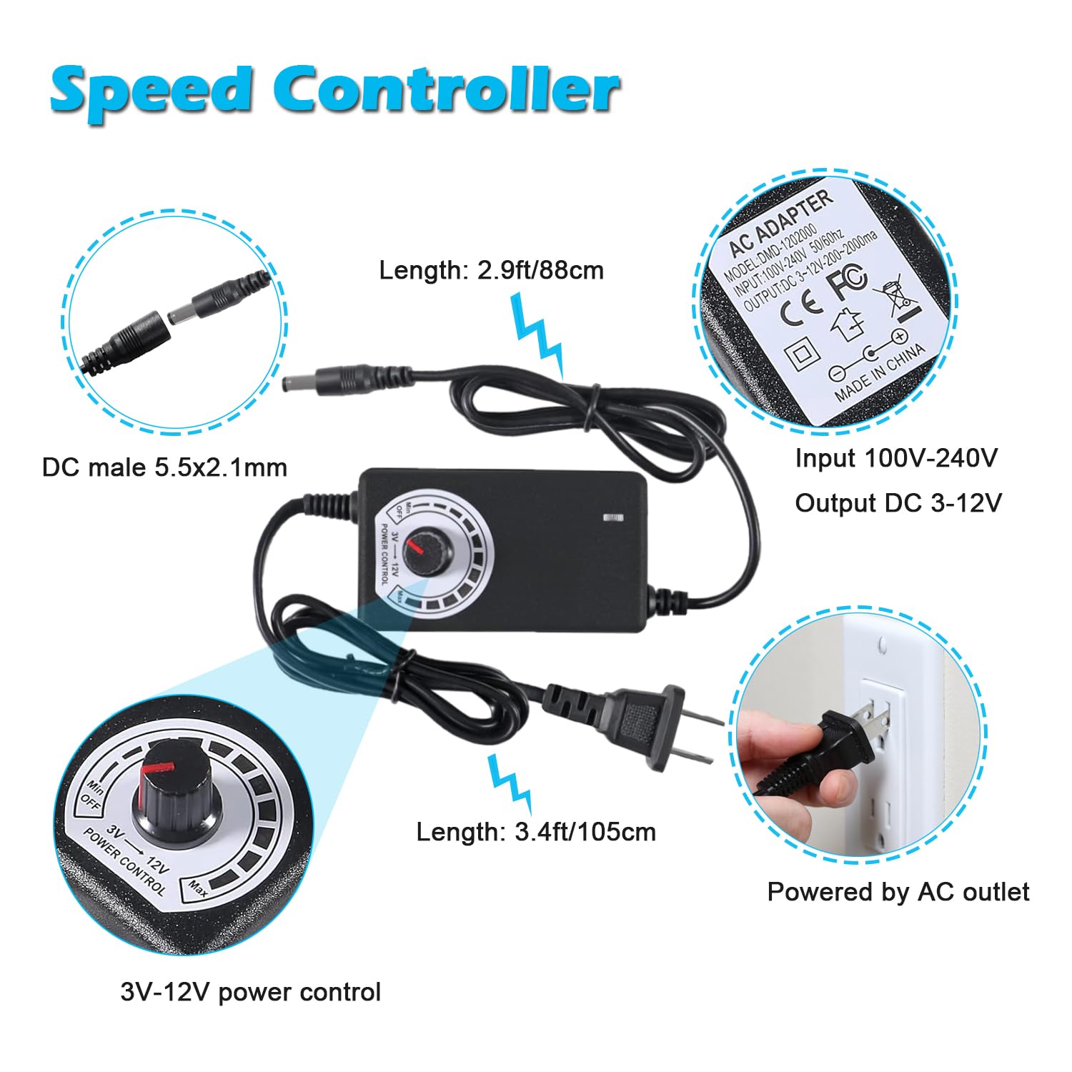 ALMOCN Computer Fan with AC Plug 120mm Fan with 3 to 12V Speed Controller 10V 220V Case Cooling Fan for Receiver Computer Case Cooler, 120 x 25mm