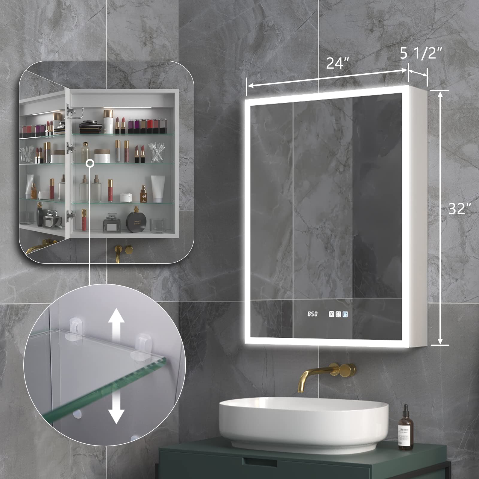 ExBrite Lighted Medicine Cabinet 24 x 32 Inch,Recessed or Surface led Medicine Cabinet, Clock&Room Temp Display,Defog,Dimming,Medicine Cabinet with Lights 3-Color Temper Chang,Hinge on The Left