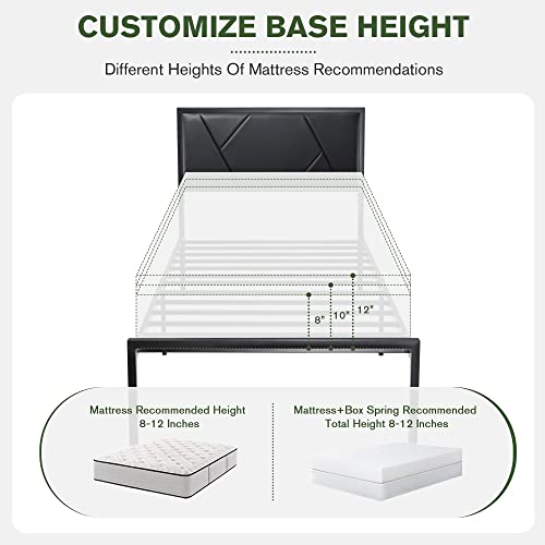 MUTICOR Twin Size Bed Frame with Geometric Leather Headboard, Heavy Duty Metal Platform Bed with Strong Metal Support, Ample Underbed Storage, No Box Spring Needed, Easy Assembly, Noise Free