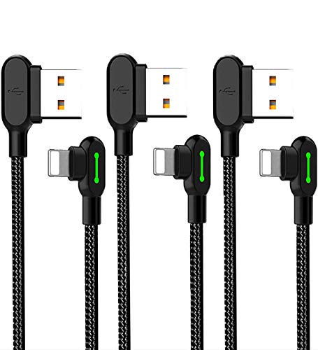 USB 90 Degree Right Angle Design Gaming LED Nylon Braided Sync Charge Double Size USB Reversible Data 6FT/1.8M Cable Compatible New Phone/Pad/Pod (3 Pack Black, 6FT)