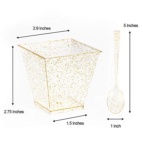 Tebery 100 Pack 8oz Gold Glitter Medium Plastic Dessert Cups With 100 Spoons Square Dessert Bowls for Tasting Party Desserts Appetizers