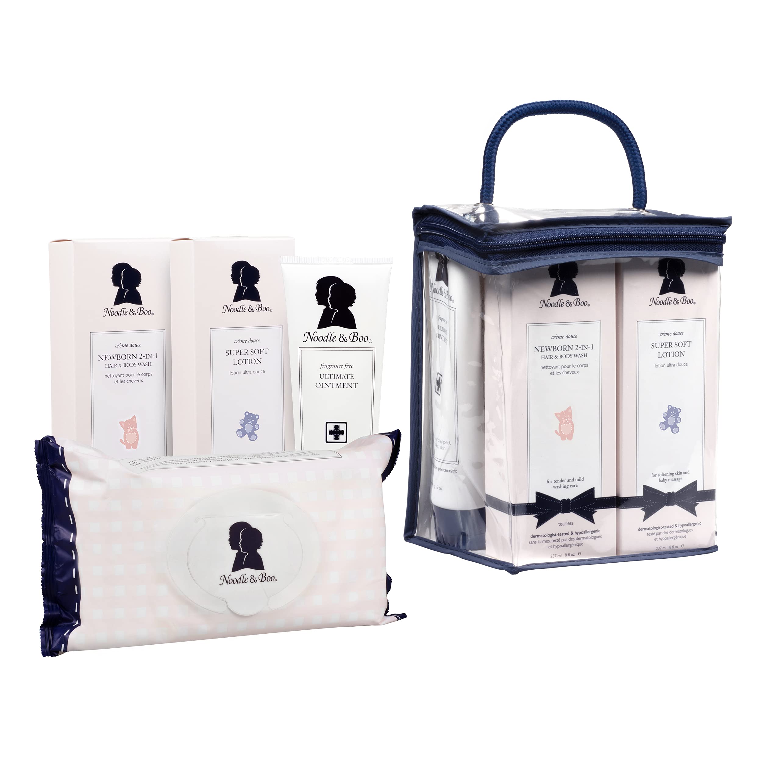 Noodle & Boo Newborn Daily Essentials 4 Piece Gift Set | Newborn 2-in-1 Hair and Body Wash(8 Oz), Super Soft Baby Lotion(8 Oz), Ultimate Diaper Rash Ointment(5 Oz) & Ultimate Cleansing Baby Wipes(72)