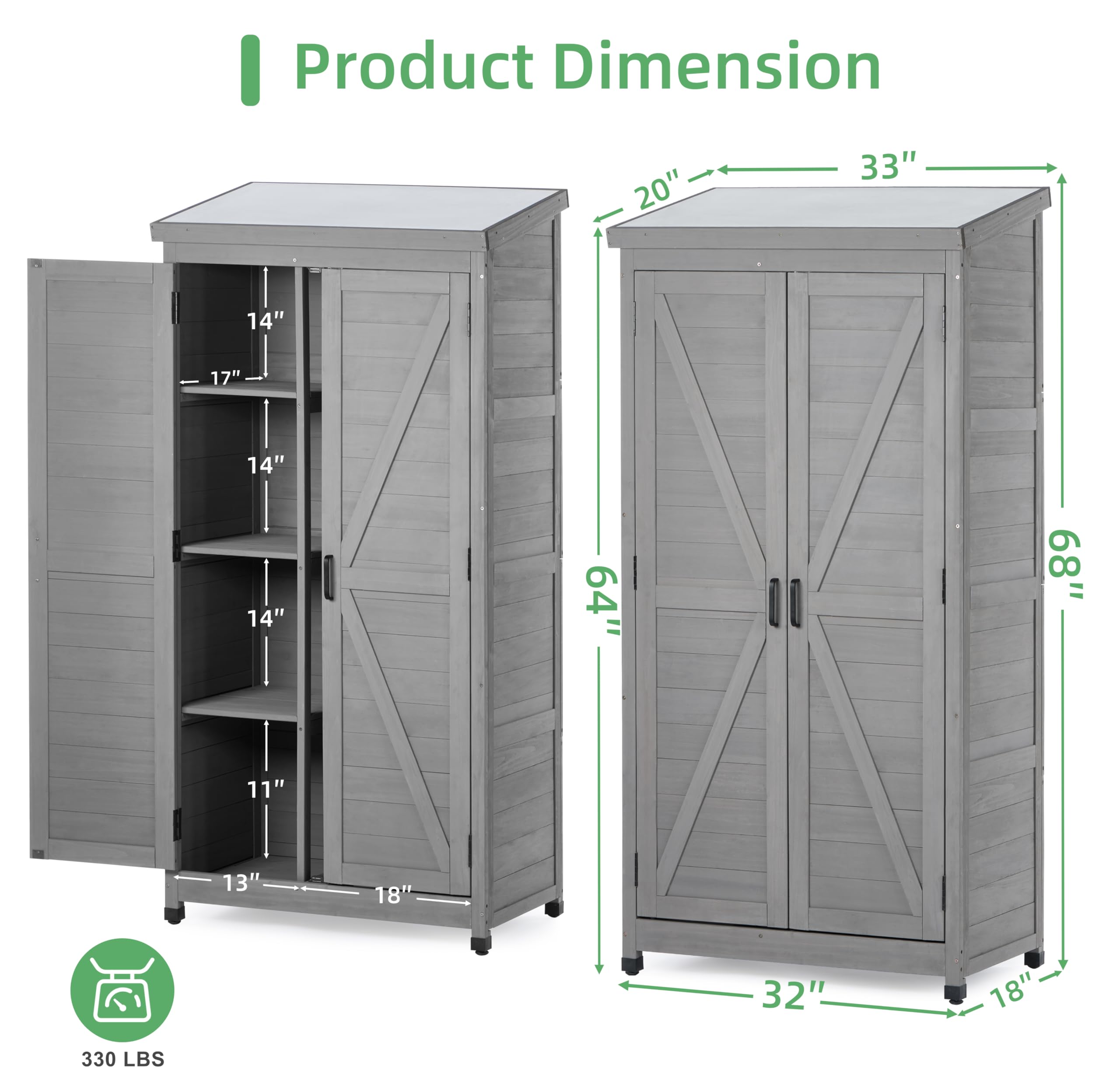 Outdoor Wooden Storage Shed with Metal Top, Tall Vertical Tool Cabinet for Backyard Garden Patio Lawn