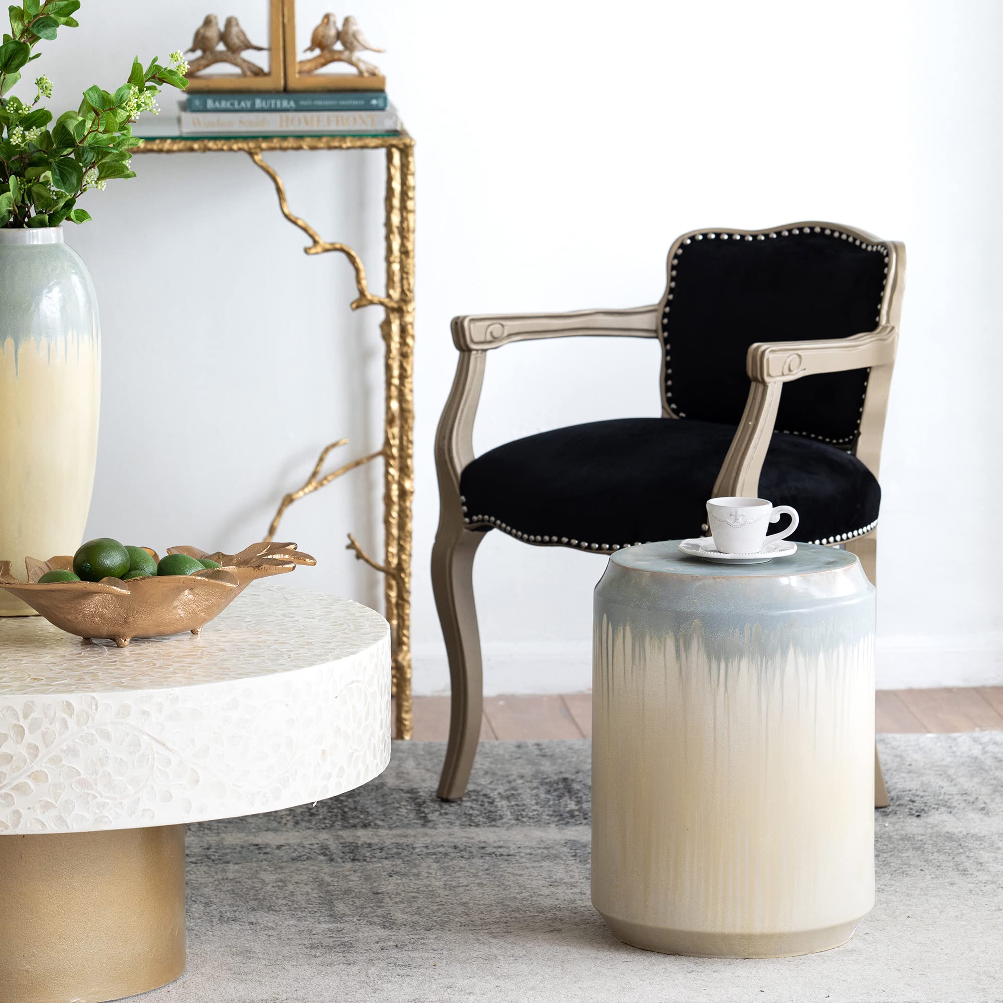 A&B Home Stool - Blue and Beige Ceramic Stool, Live Edge Coffee Table Side Table, Living Room Bedroom Accent Table Plant Stand, 14" x 14" x 18"
