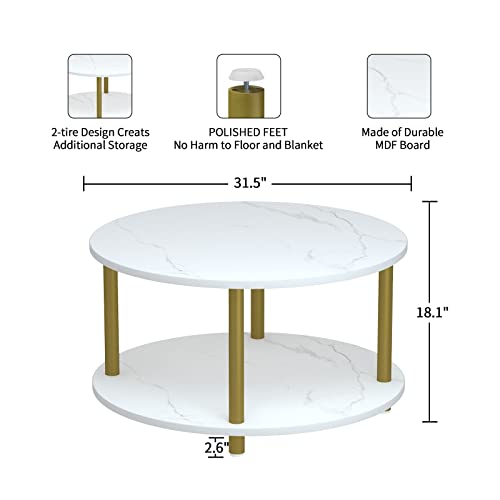 Round Coffee Table for Living Room,31.5’’ 2 Tier Modern Gold Coffee Table with Open Storage Shelf,Gold Metal Legs and White Faux Marble Table Top