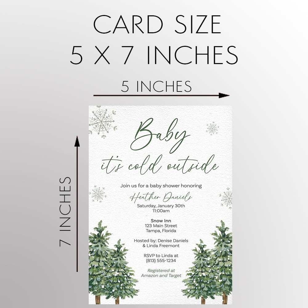 Baby It's Cold Outside Baby Shower Invitations Winter Invites Gender Neutral Unisex Trees Nature Green Snowflakes Snowfall Personalized Customized Custom Printed Cards (12 count)