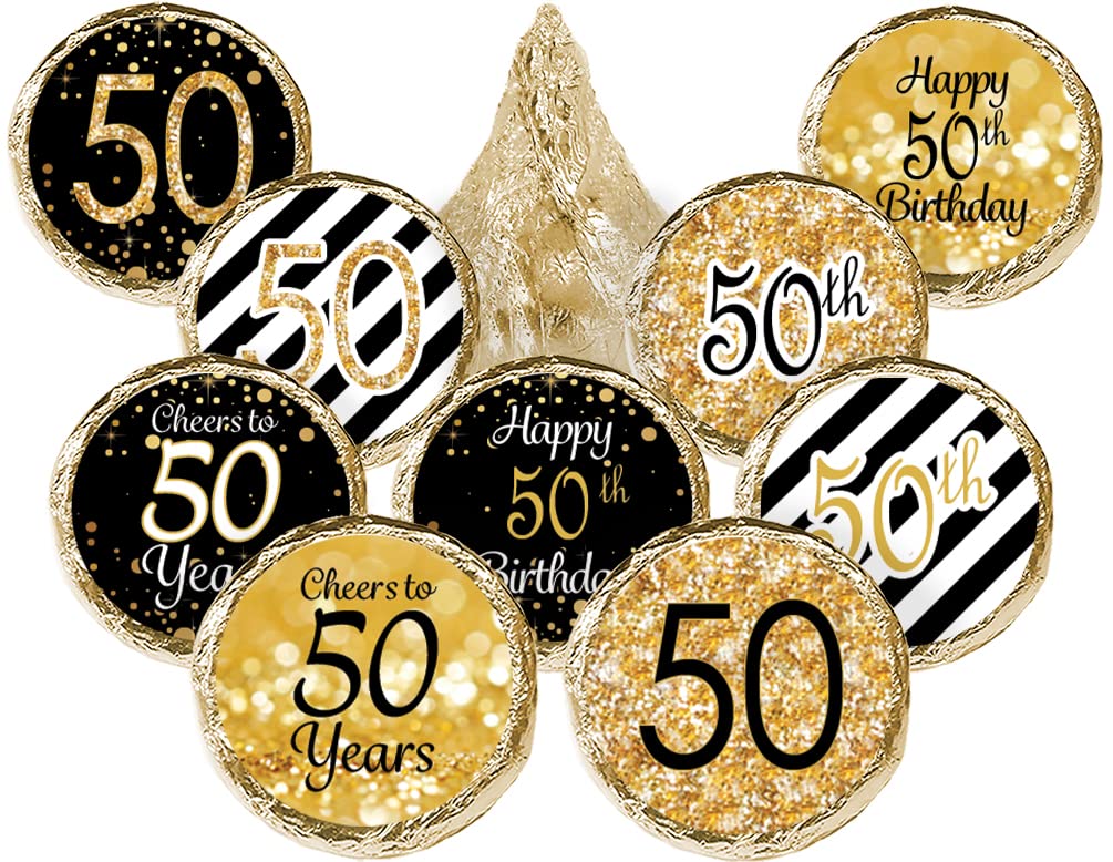 Black and Gold 50th Birthday Party Favor Chocolate Kisses Candy Stickers - 180 Labels