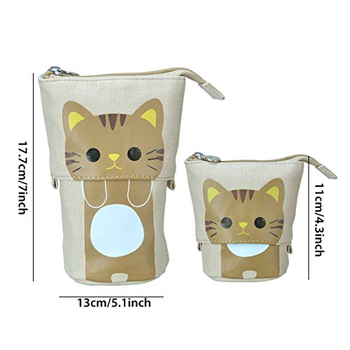 Oyachic Telescopic Pencil Holder Cat Pen Case Stand UP Cosmetics Organizer Pouch Zipper Box Bag with Inner Pocket