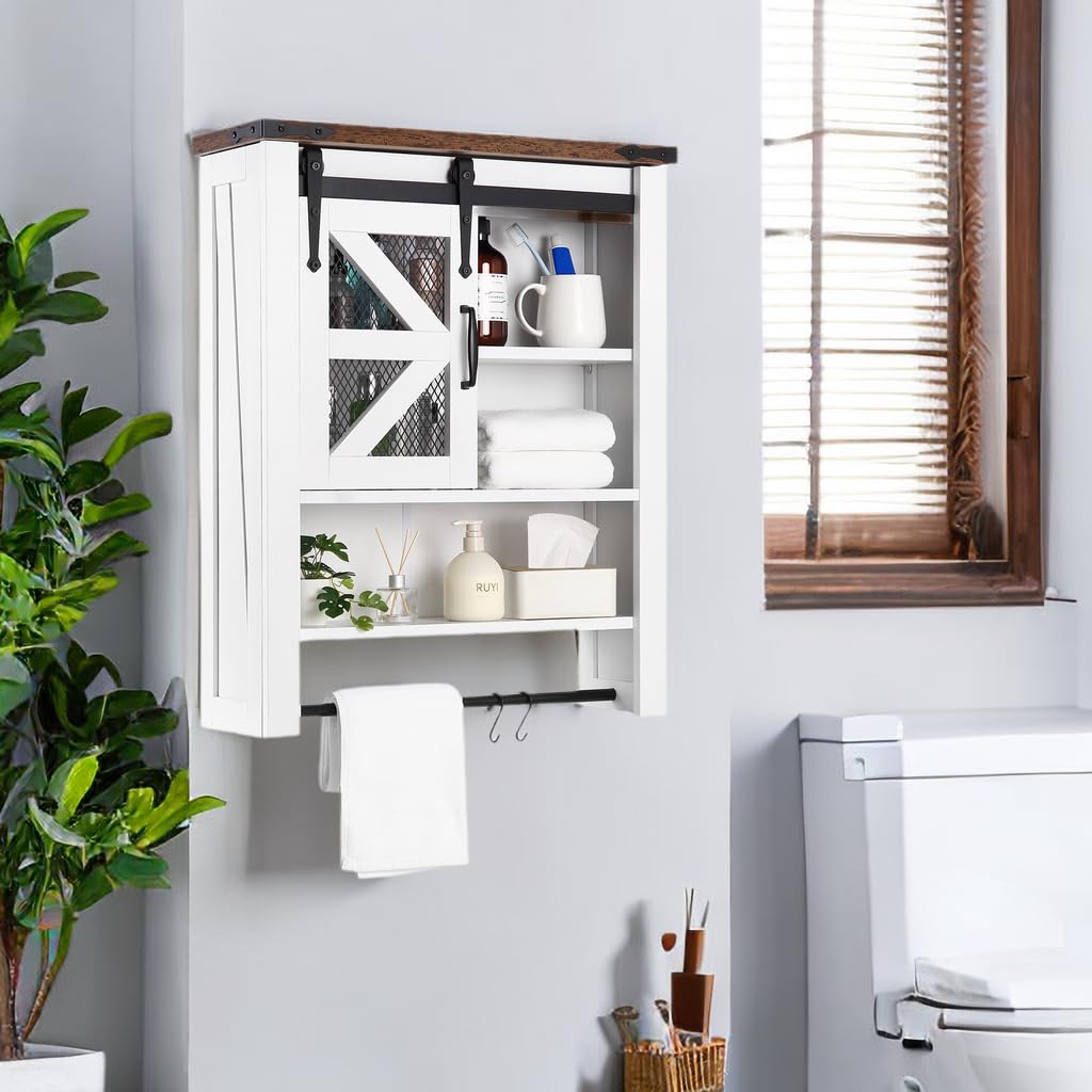 JoanKaren Bathroom Cabinet Wall Mounted with Towel Bar, Over Toilet Cabinet, Medicine Cabinet with Sliding Door Adjustable Shelves, Hanging Storage Cabinets for Bathroom Laundry Room Kitchen, White