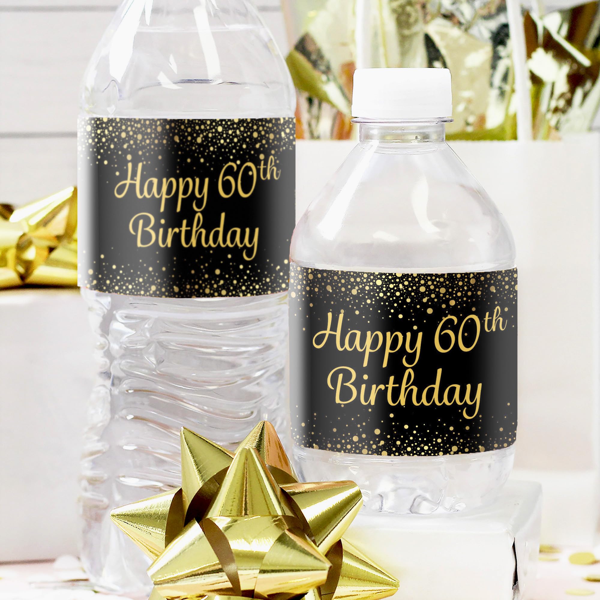 Black and Gold 60th Birthday Party Water Bottle Labels - 24 Stickers, 60th Birthday Decorations