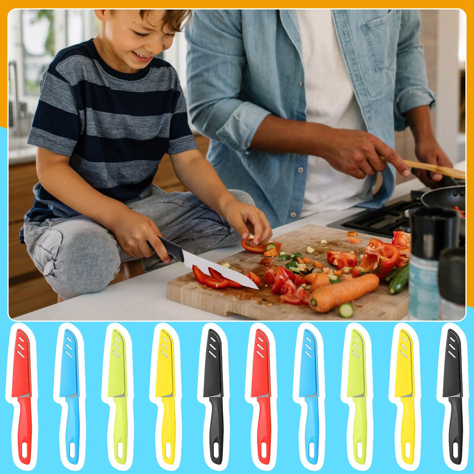 Lothee 50 Pcs Paring Knife Bulk, 5 Colors Fruit Vegetable Knife Stainless Steel Kitchen Knife Ultra Sharp Knife with Plastic Handle for Chef Cutting Peeling Cooking, 3.94 Inches Blades